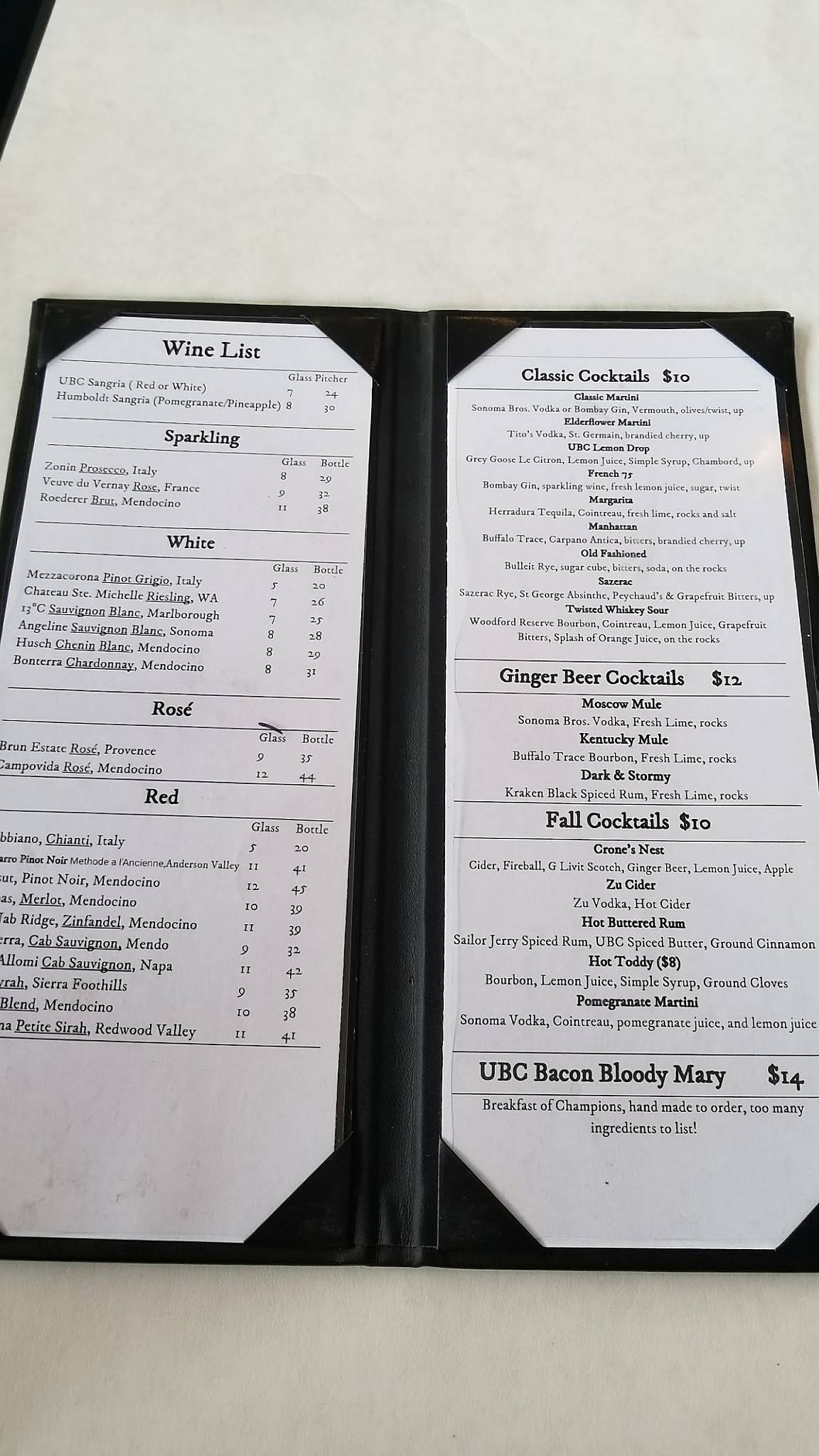 Menu at Ukiah Brewing Company restaurant, Ukiah