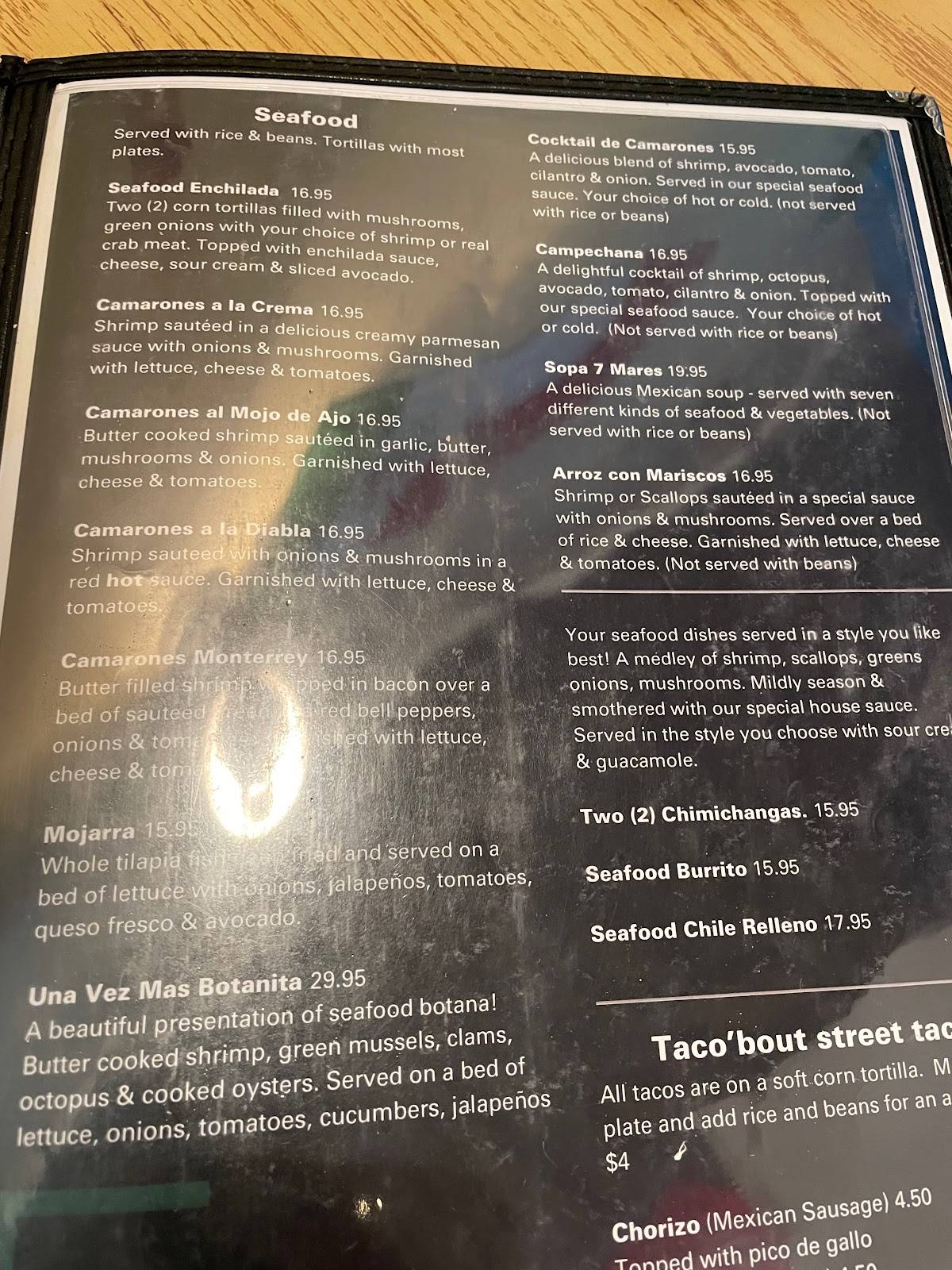 Menu at Una Ves Mas Mexican Restaurant, Seaside