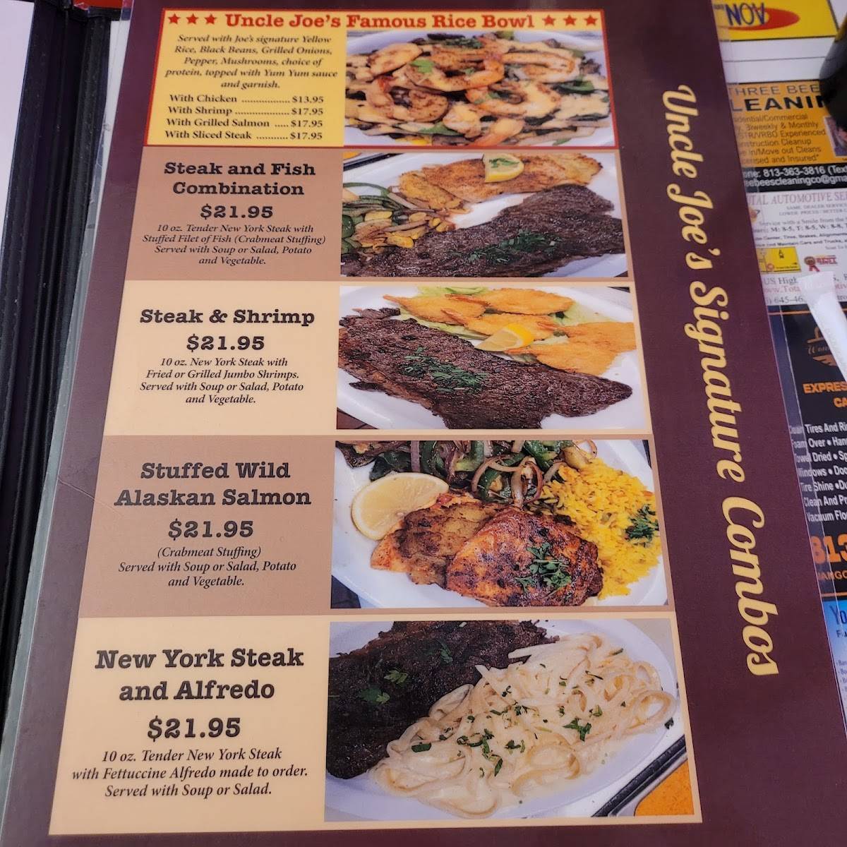 Menu at Uncle Joe's New York Diner restaurant, Ruskin
