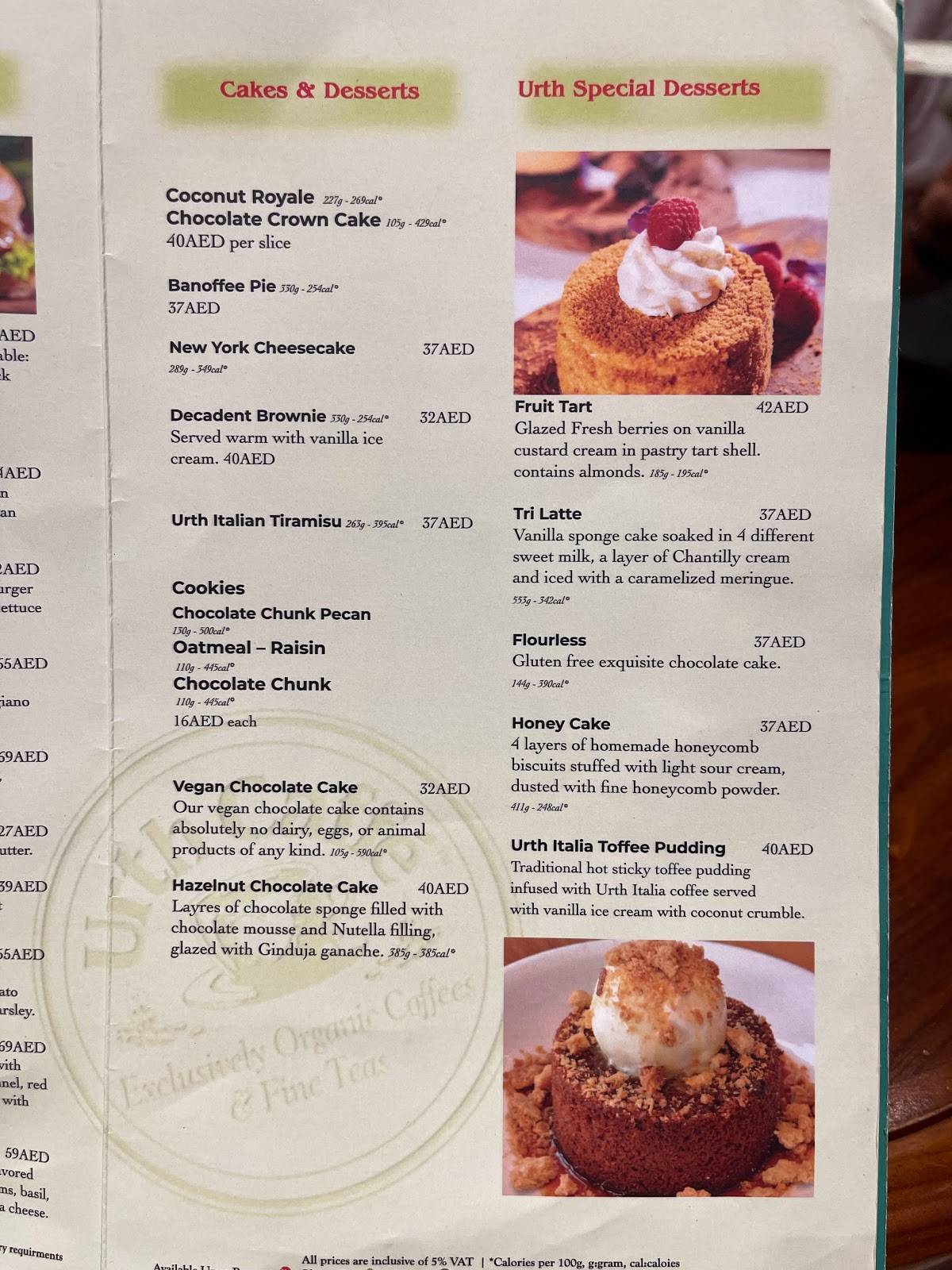 Menu at Urth Caffe cafe, Dubai