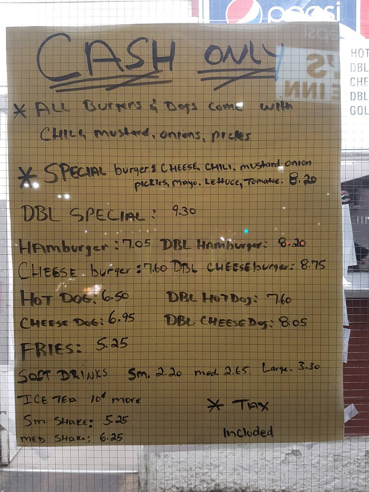 Menu at VJ's Drive Inn restaurant, Winnipeg