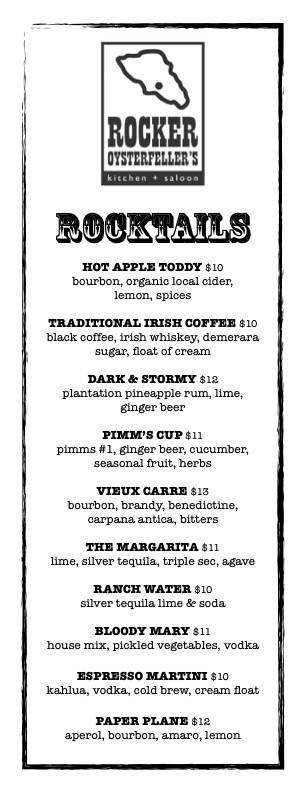 Menu at Rocker Oysterfeller's Kitchen + Saloon pub & bar, Valley Ford