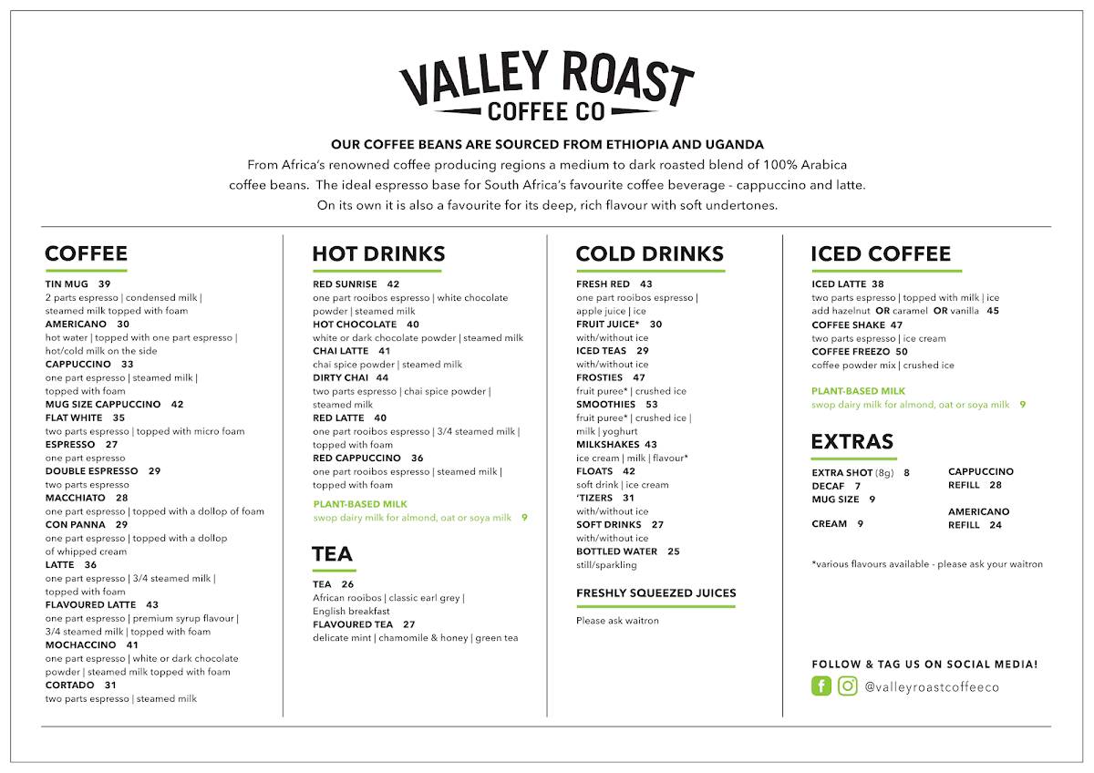 Menu at Valley Roast Coffee Co cafe, Cape Town