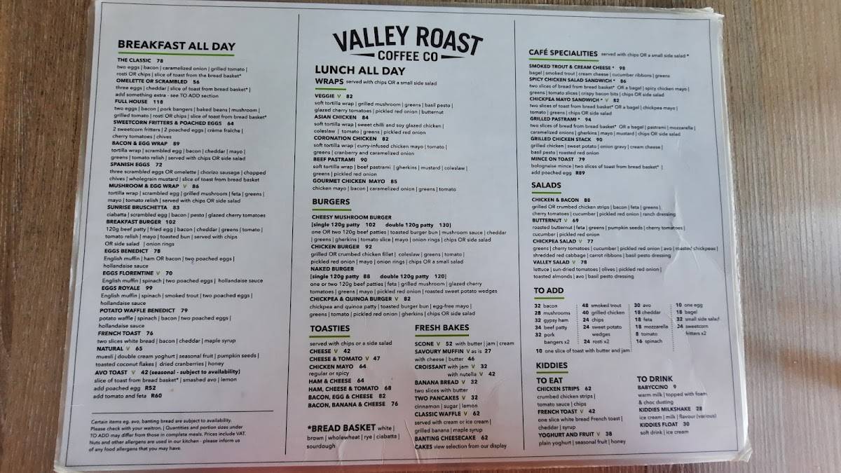 Menu at Valley Roast Coffee Co cafe, Cape Town