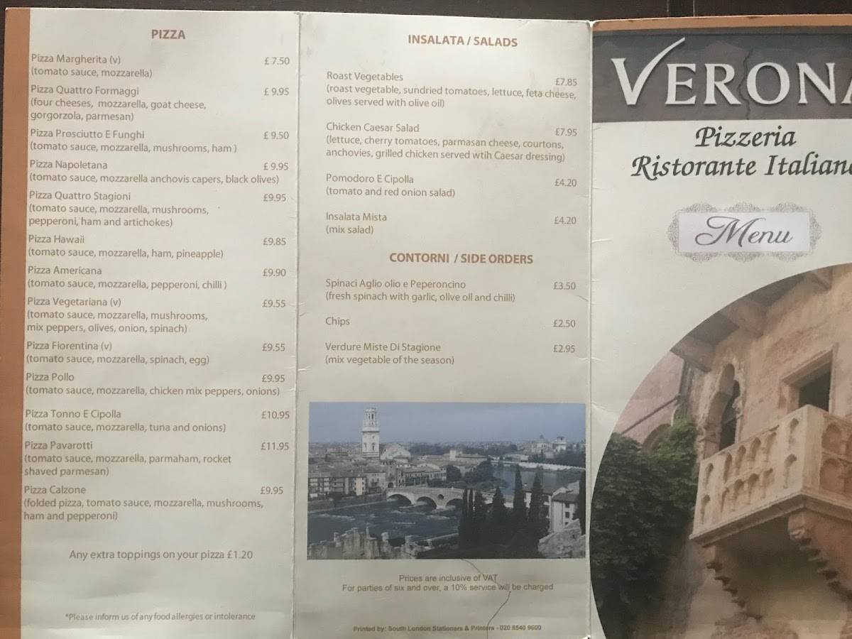 Menu at Verona restaurant, Morden, 20 Morden Ct