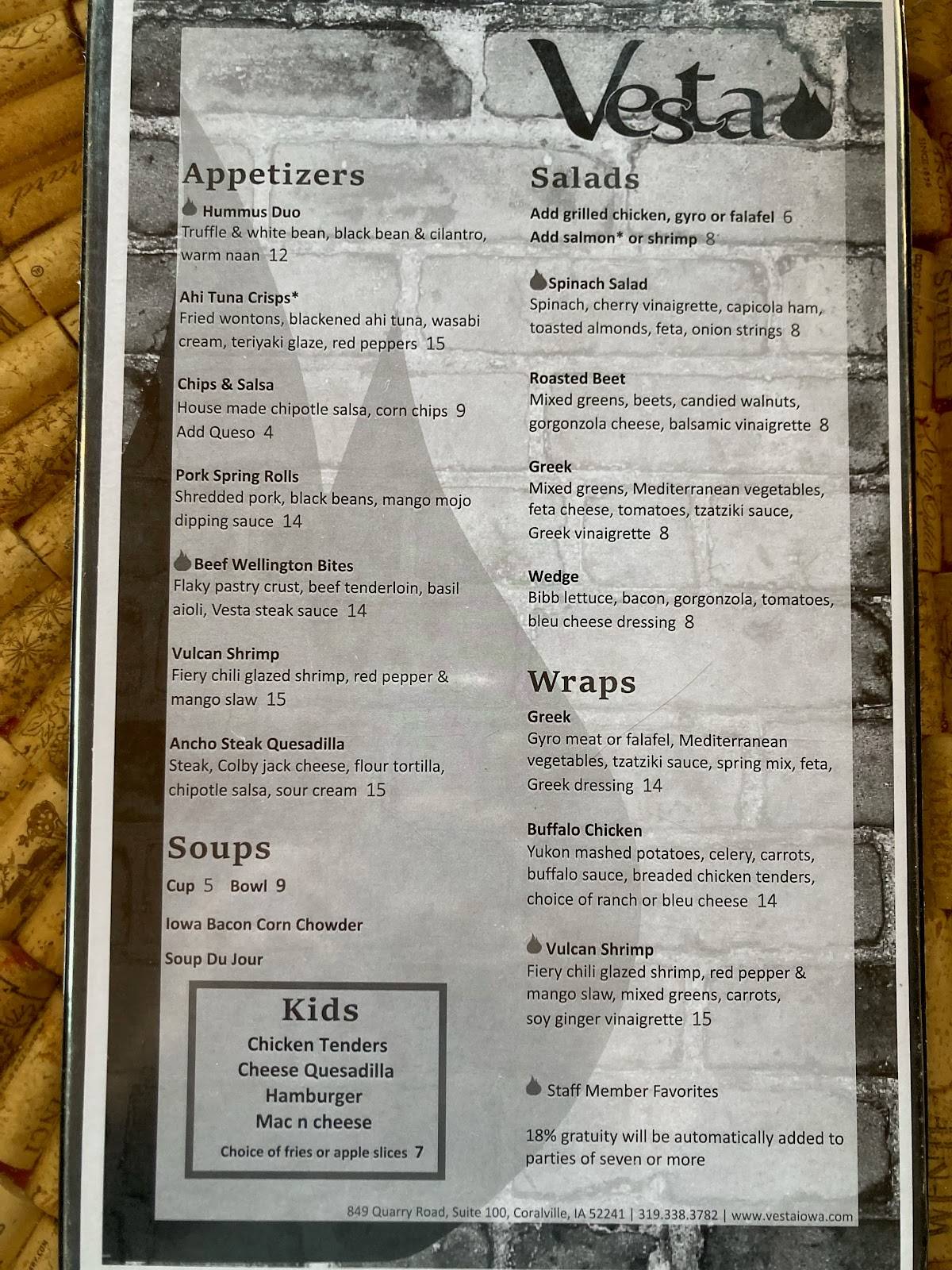 Menu at Vesta restaurant, Coralville