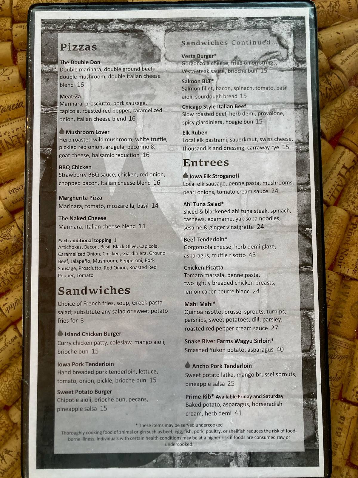 Menu at Vesta restaurant, Coralville