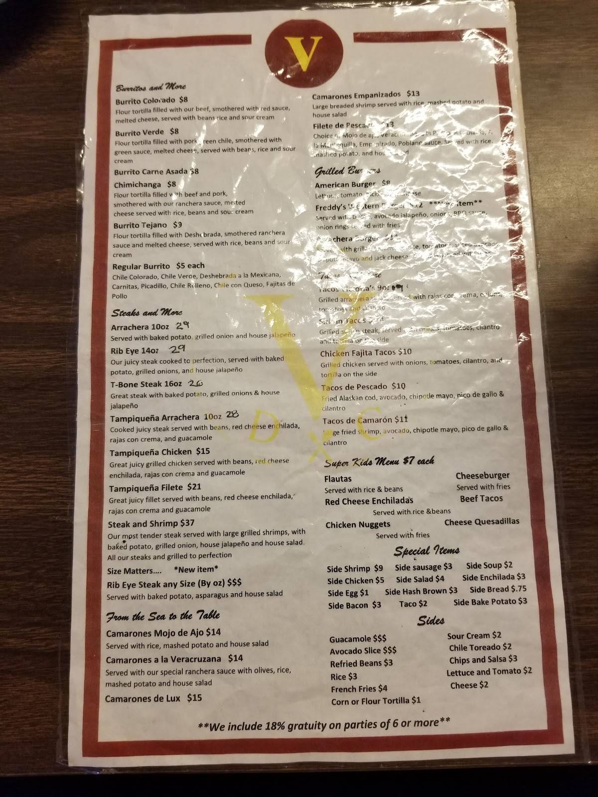 Menu at Victoria's Mexican Grill restaurant, Canutillo