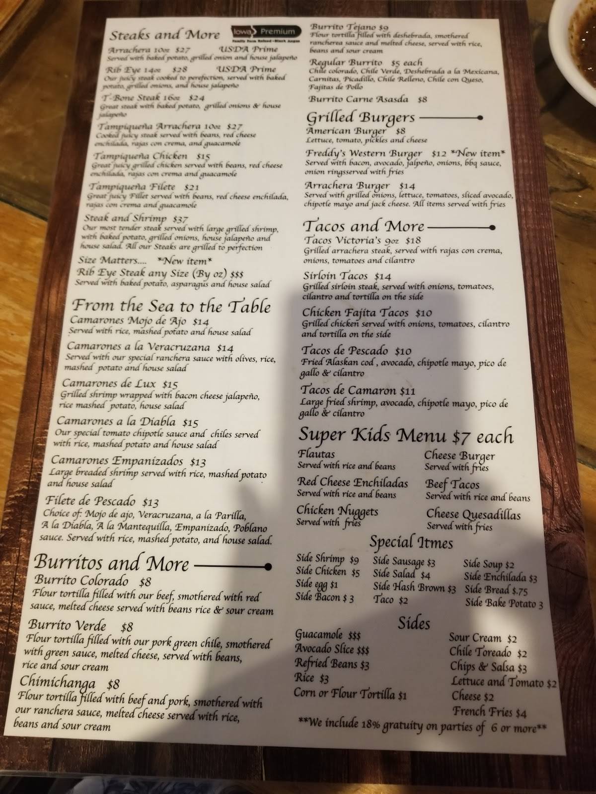Menu at Victoria's Mexican Grill restaurant, Canutillo
