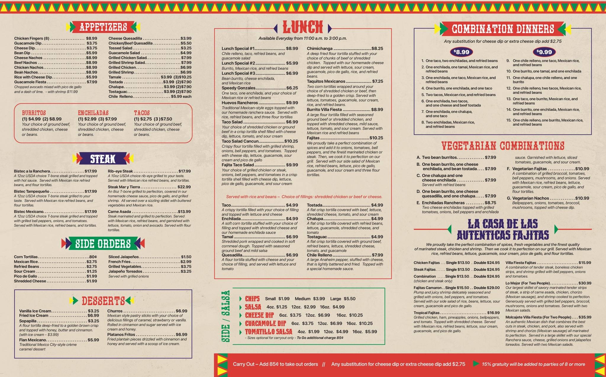 Menu at Villa Fiesta restaurant, Gadsden, 825 Rainbow Dr