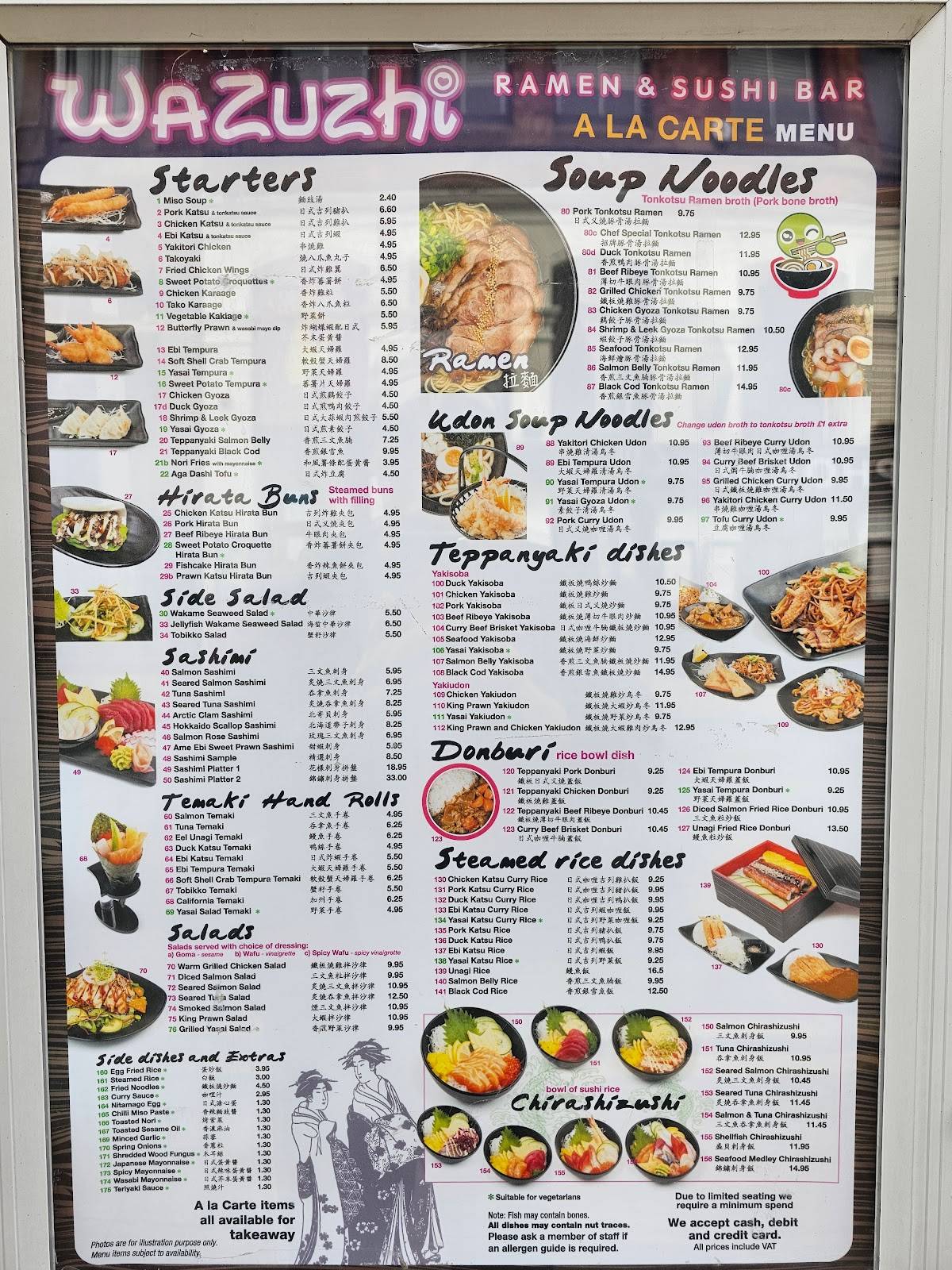 Menu at WAZUZHI (formerly Wasabi) restaurant, Manchester, 63 Faulkner St