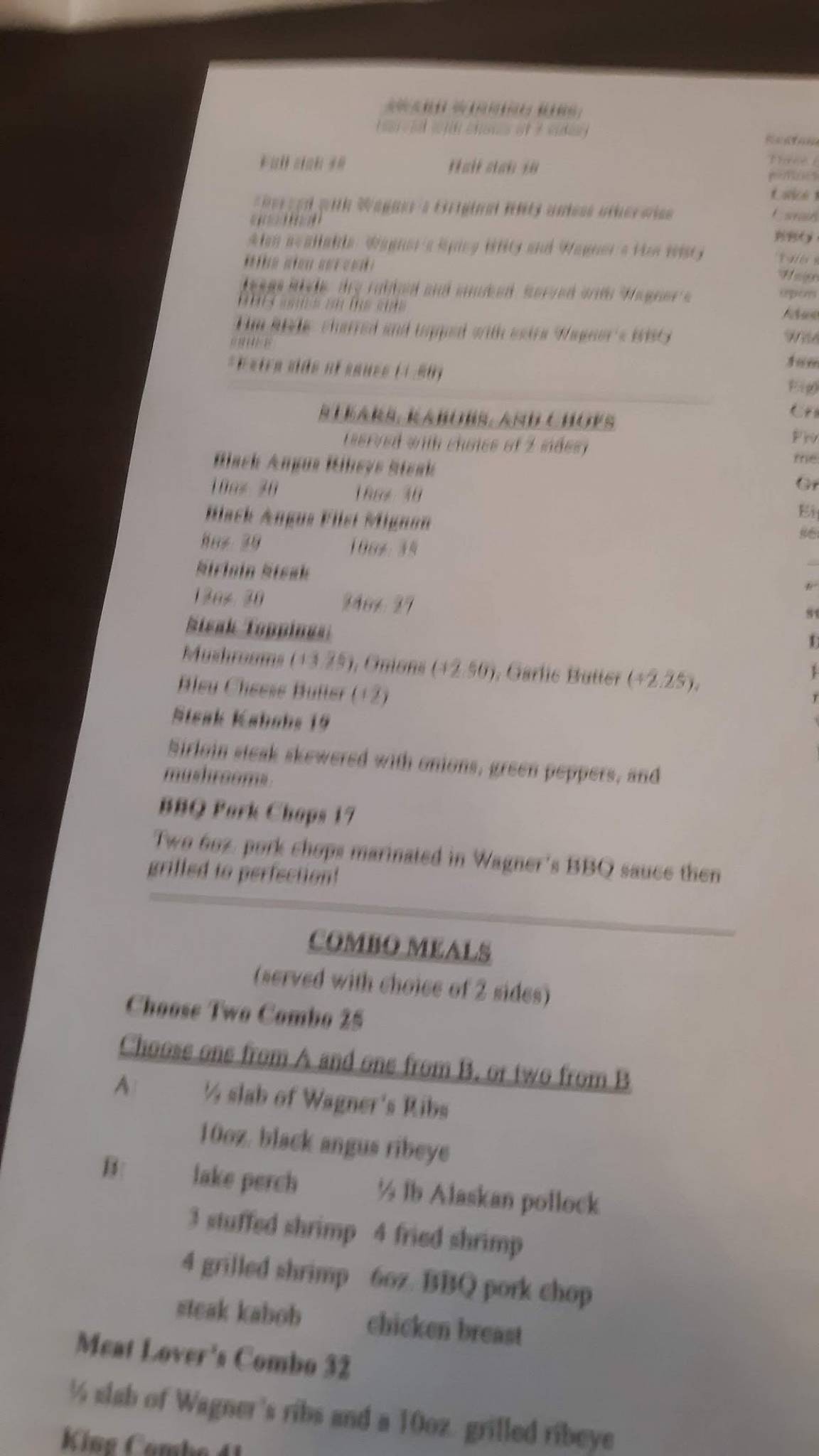 Menu at Wagner's Ribs BBQ, Porter