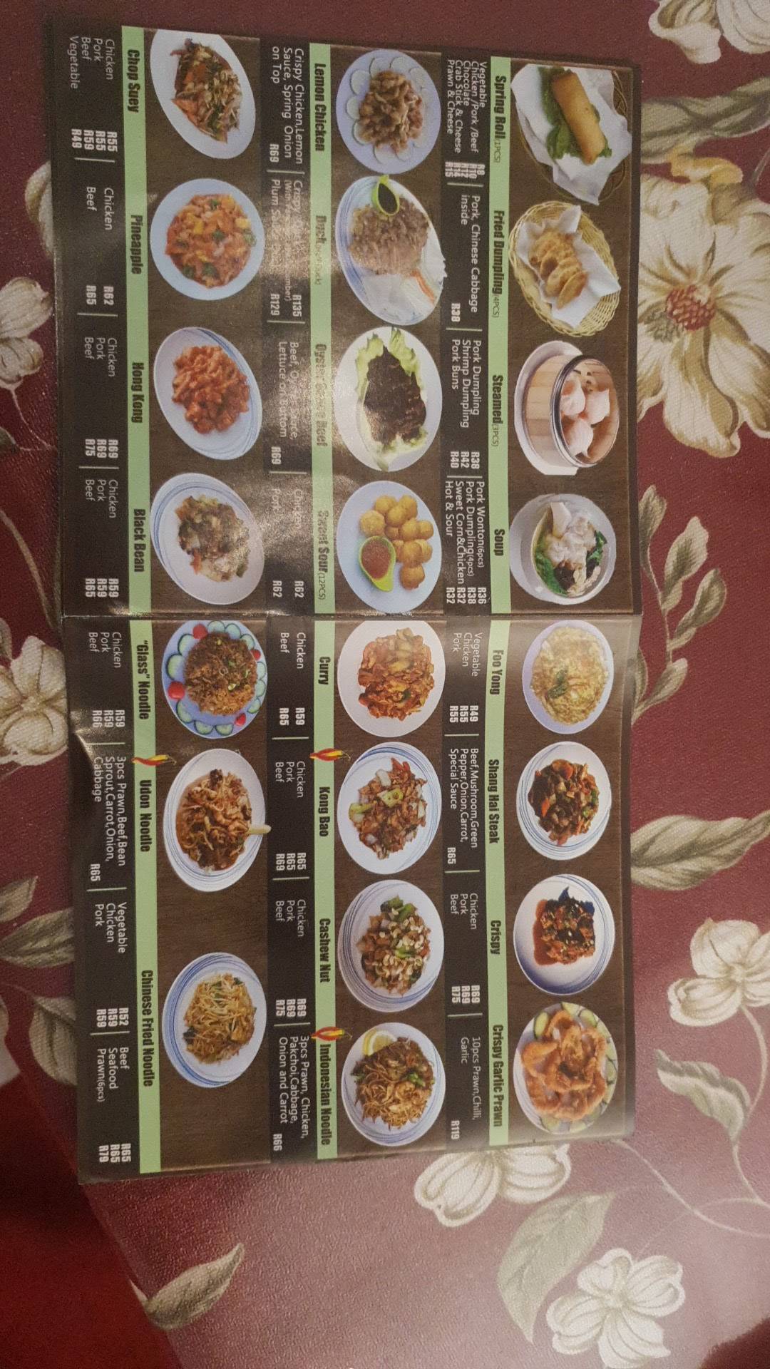 Menu at Wason Chinese Sushi restaurant, Cape Town