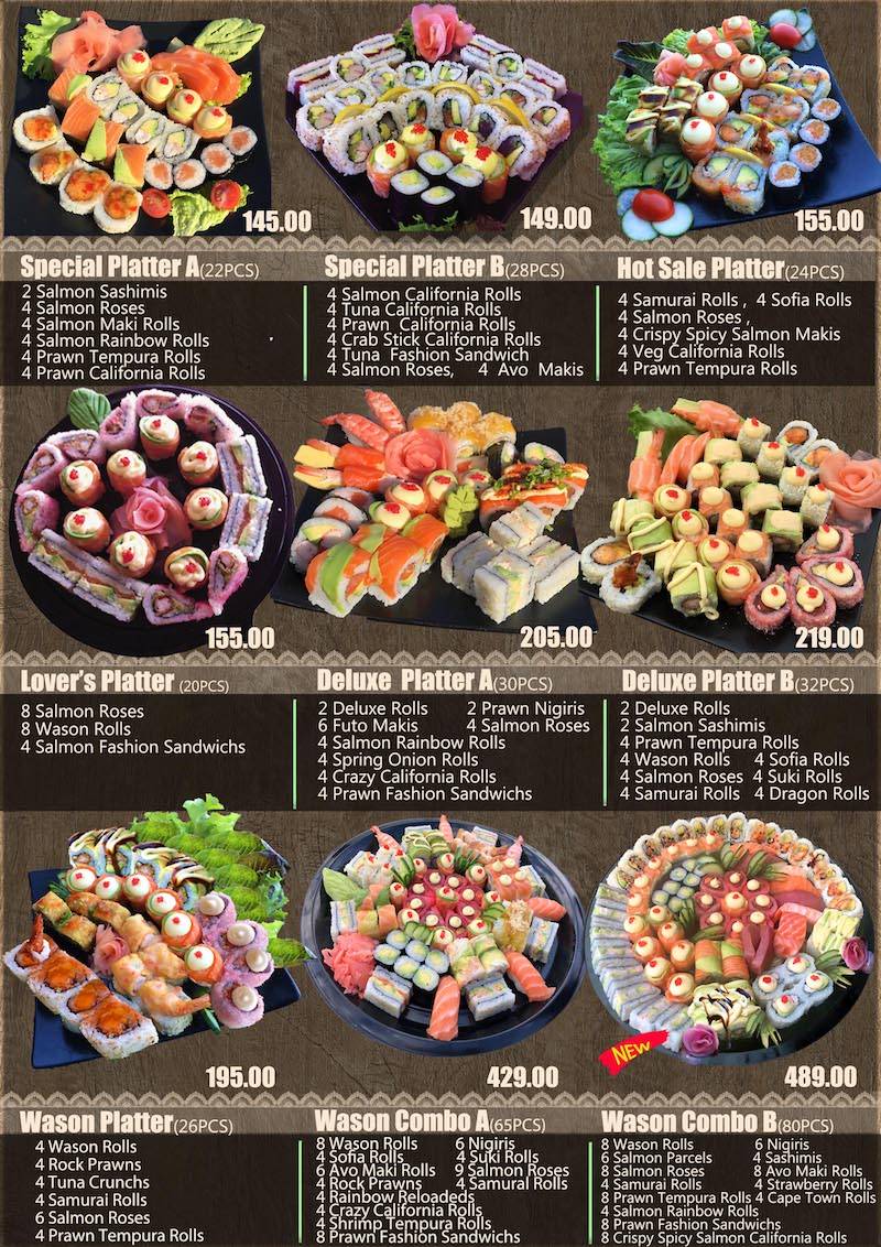Menu at Wason Chinese Sushi restaurant, Cape Town