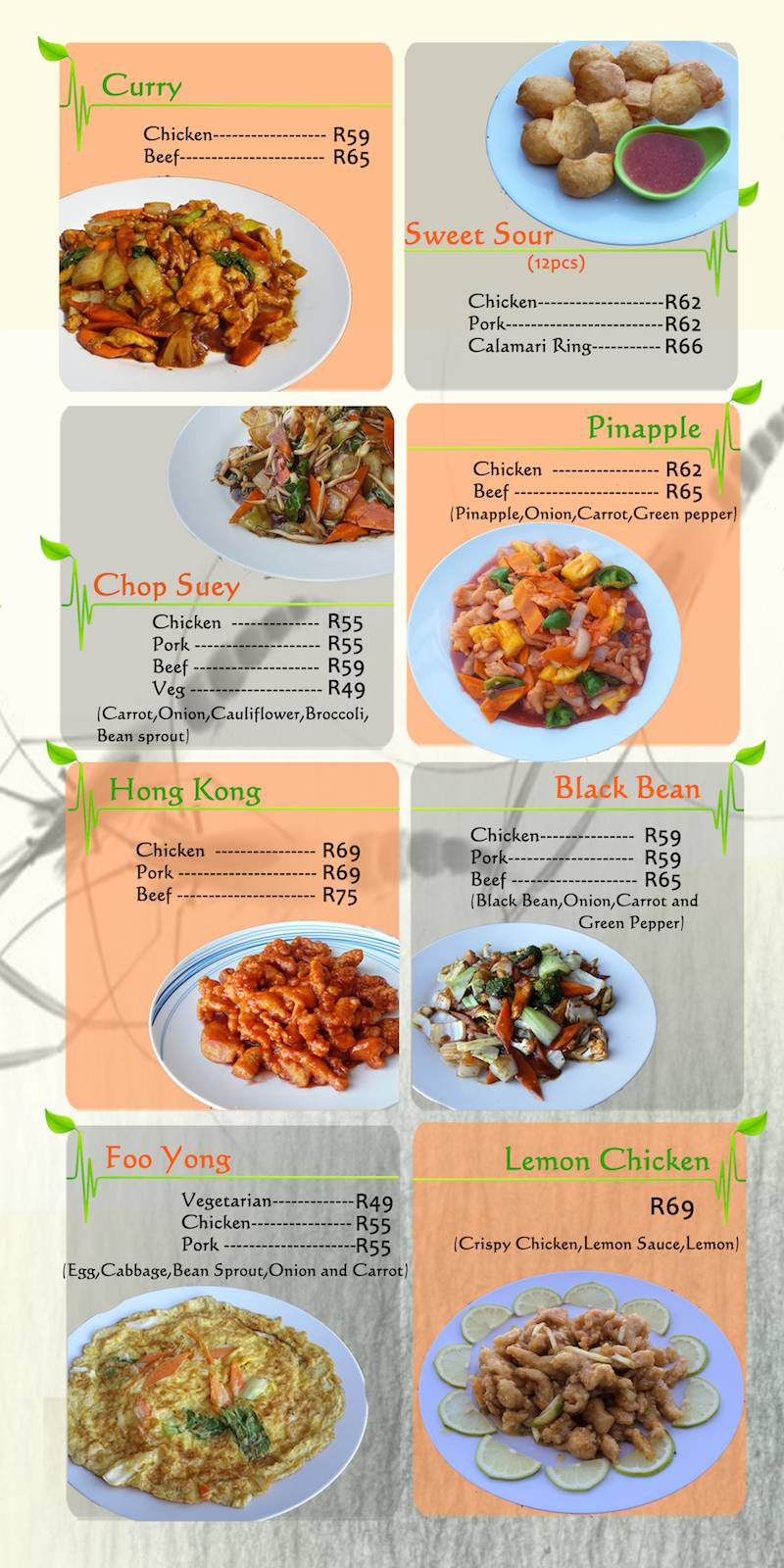 Menu at Wason Chinese Sushi restaurant, Cape Town