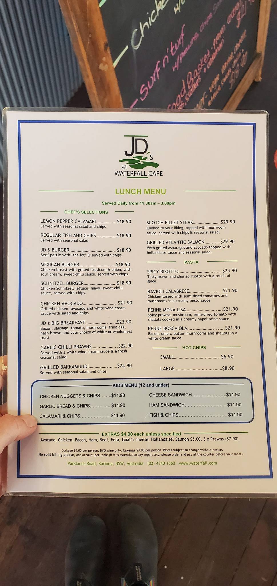 Menu at Waterfall Cafe, Kariong