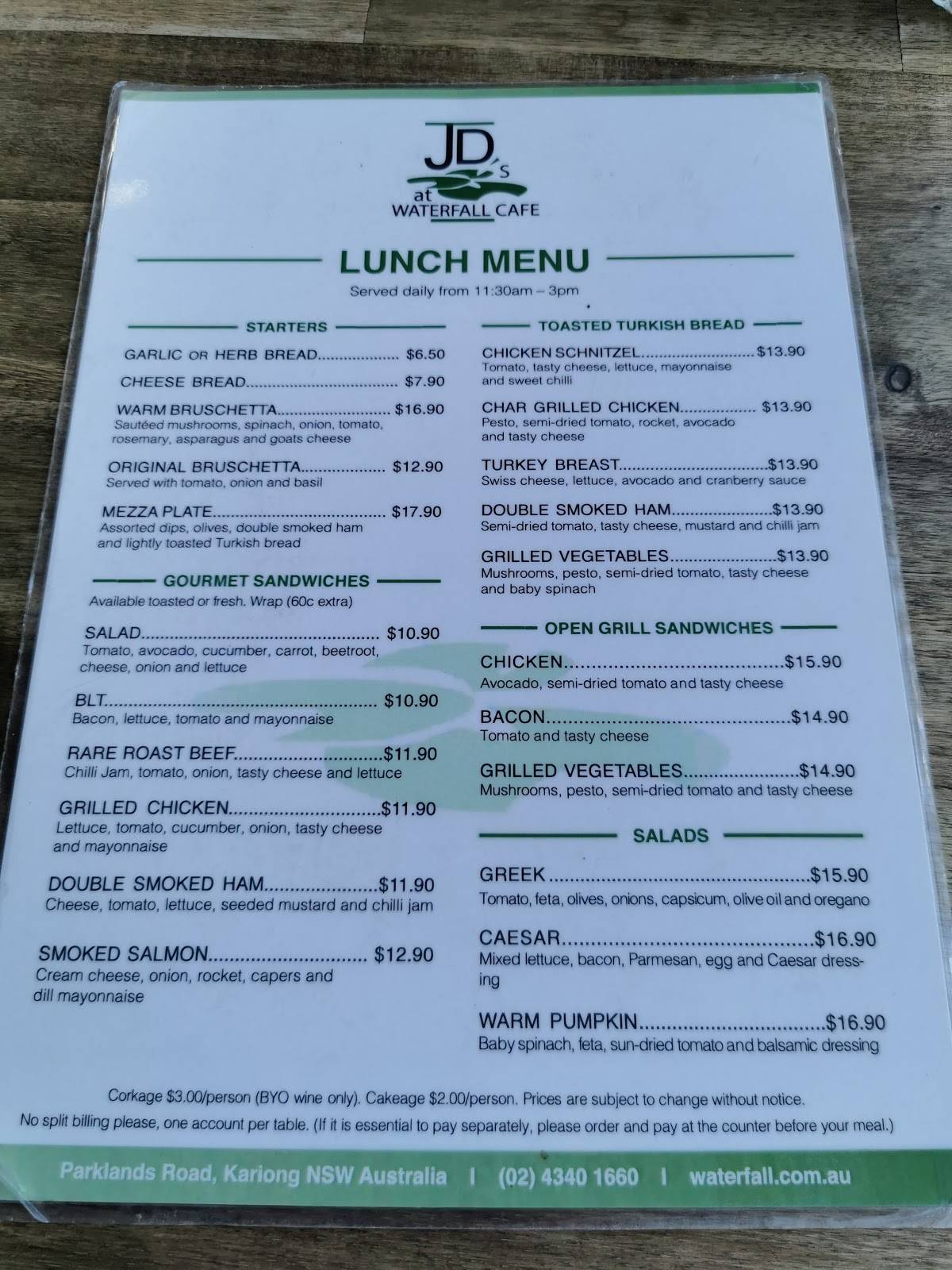Menu at Waterfall Cafe, Kariong