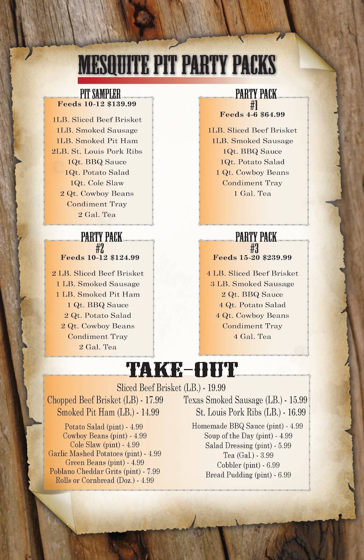 Menu at Mesquite Pit BBQ, Weatherford
