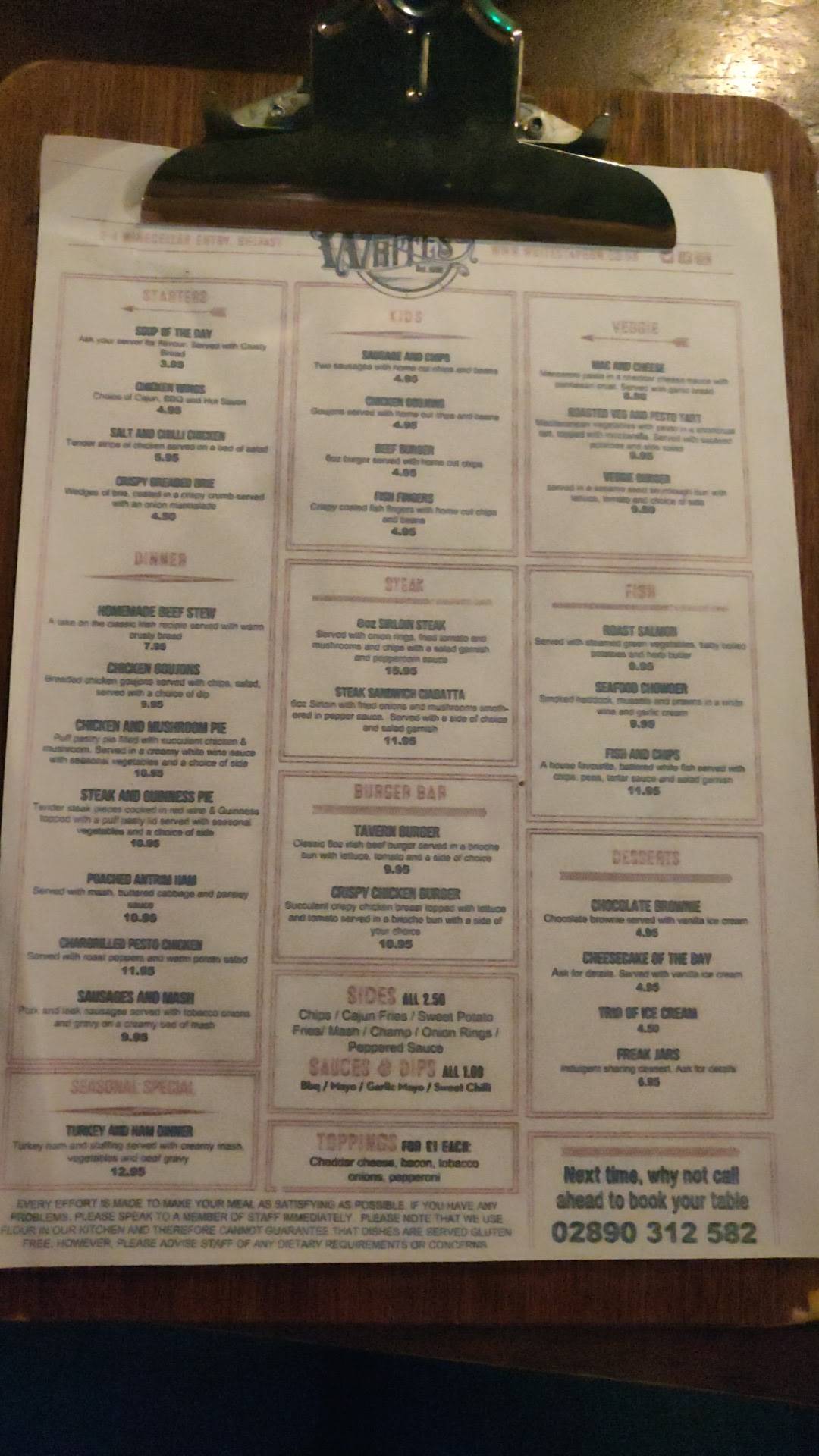 Menu at Whites Tavern pub & bar, Belfast