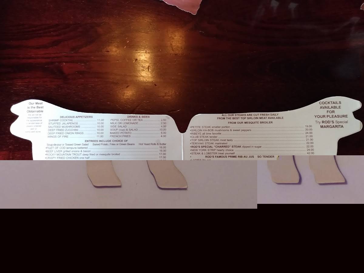 Menu at Rod's Steak House steakhouse, Williams
