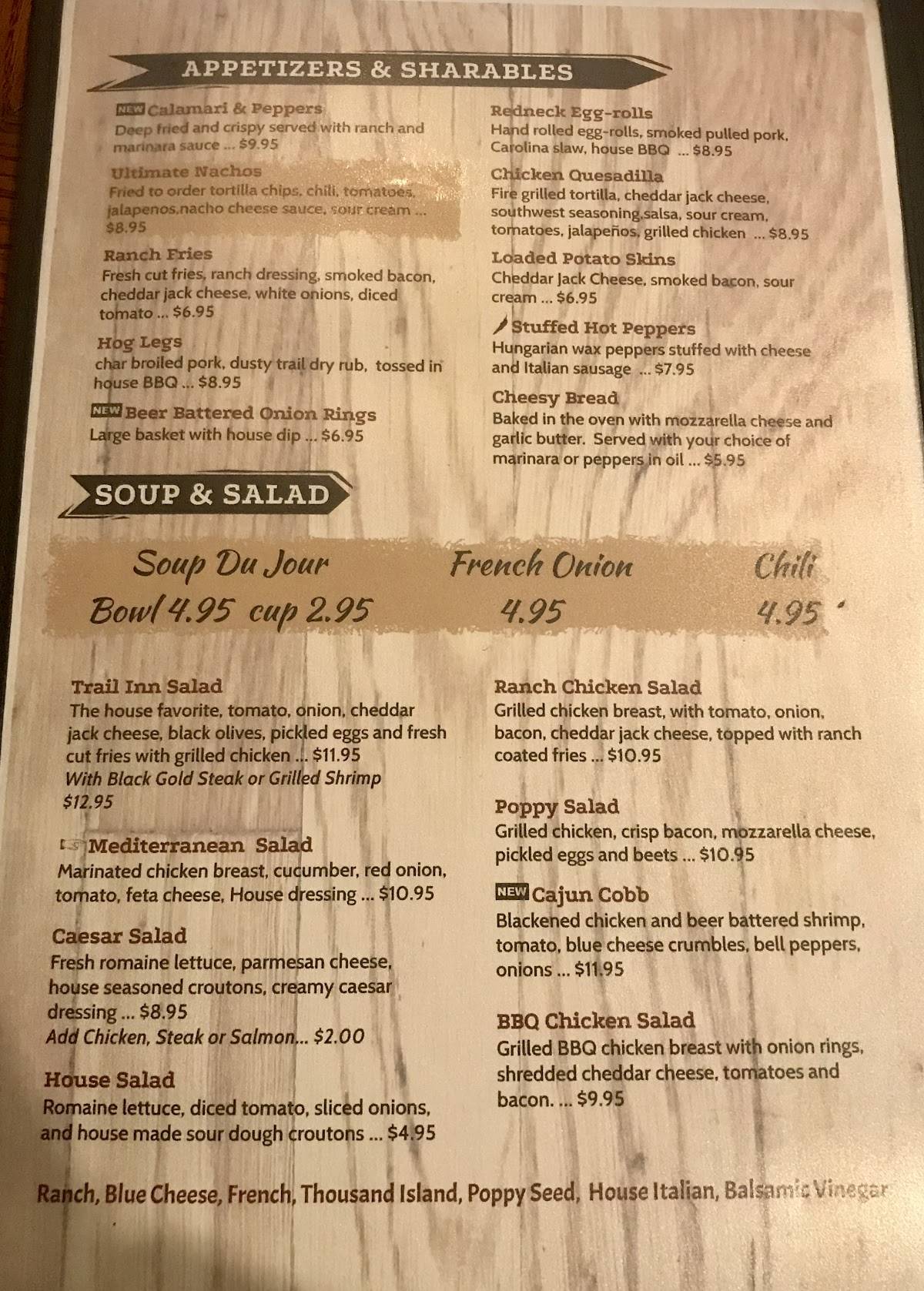 Menu at Trail Inn restaurant, Williamsport, Lycoming Creek Rd