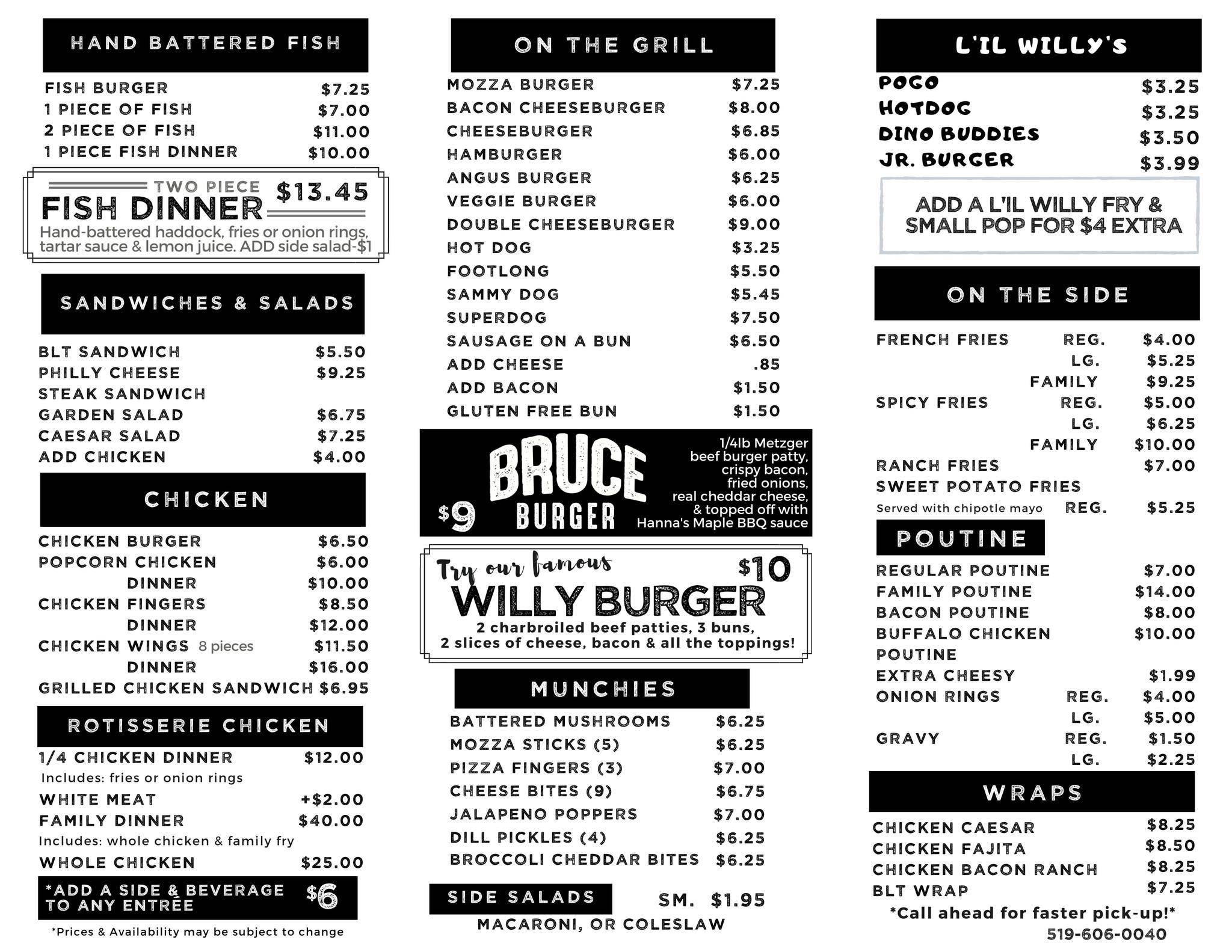 Menu at Willy's Burger Bar, Clinton