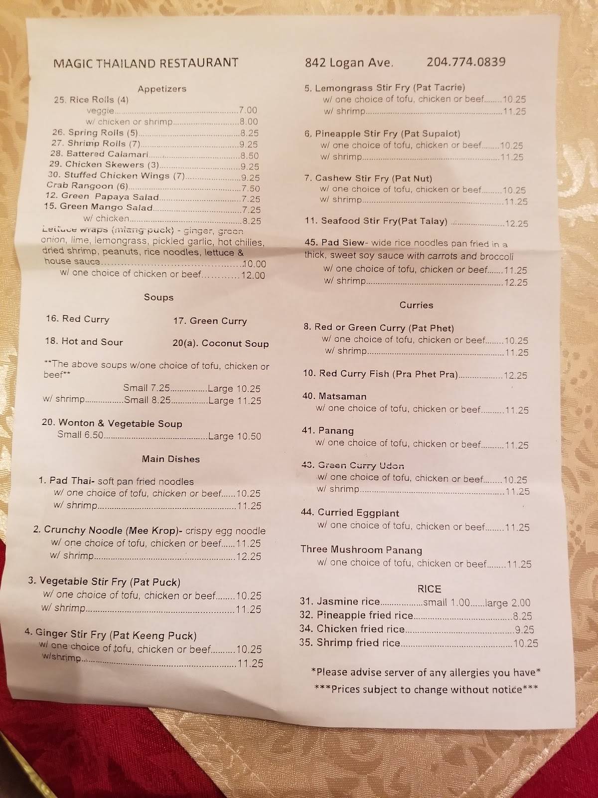Menu at Magic Thailand Restaurant, Winnipeg