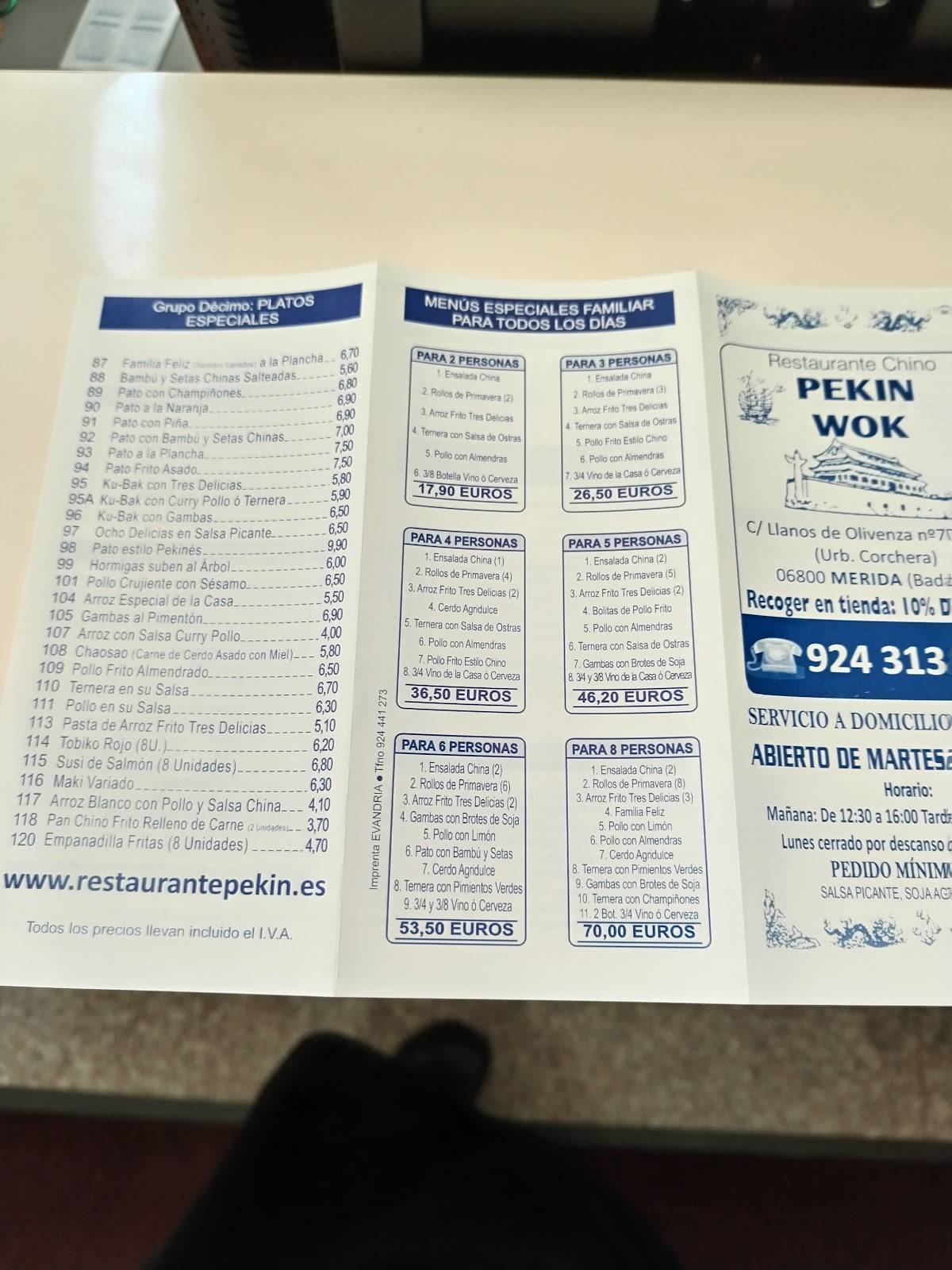 Carta de Restaurante Wok Pekin, Mérida