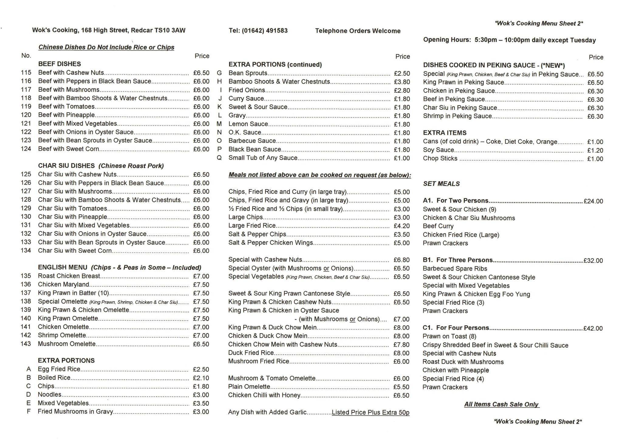 Menu at Wok's Cooking fast food, Redcar