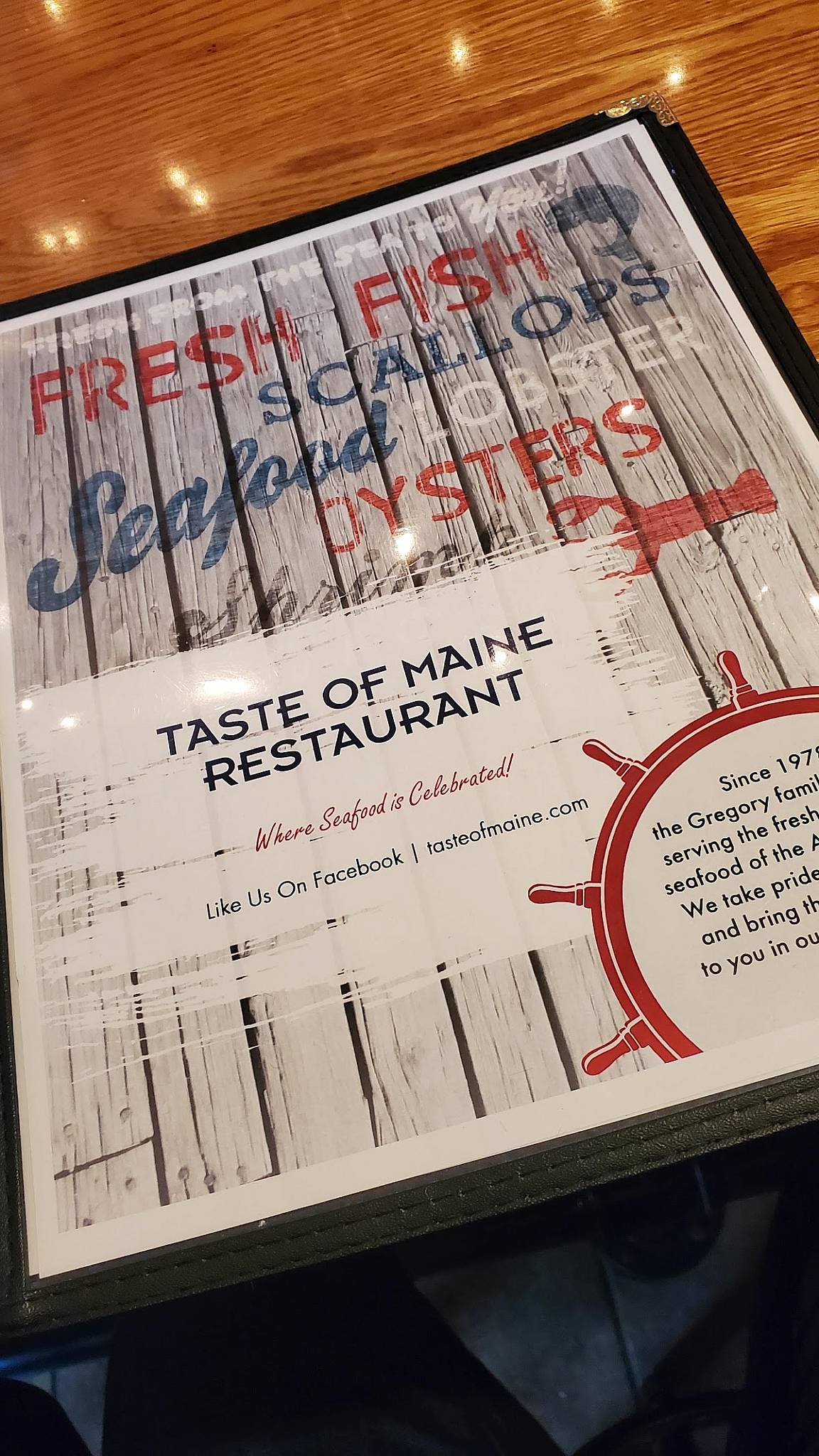 Menu at Taste of Maine Restaurant, Woolwich