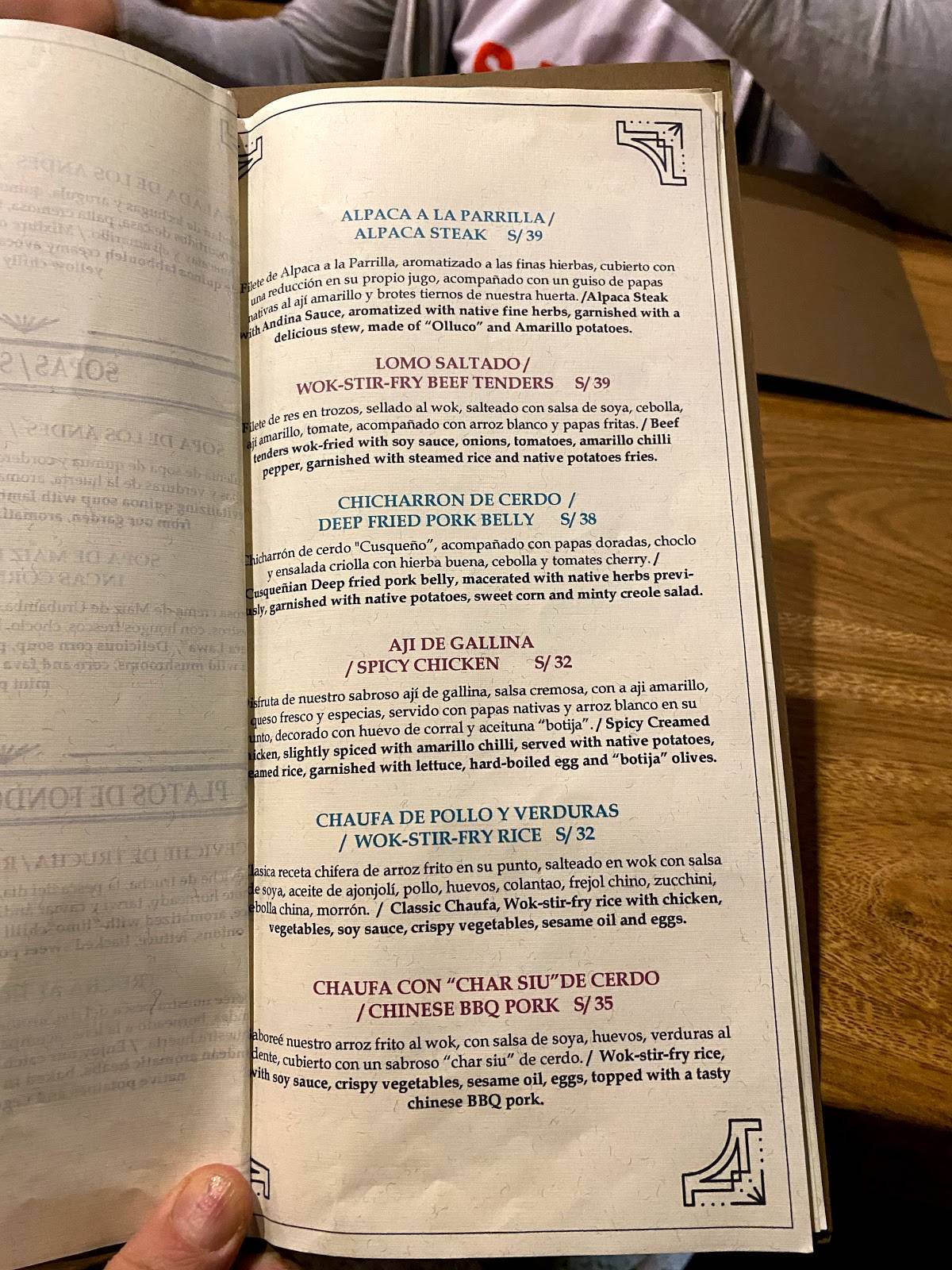 Menu at Yaku Restaurant, Cusco