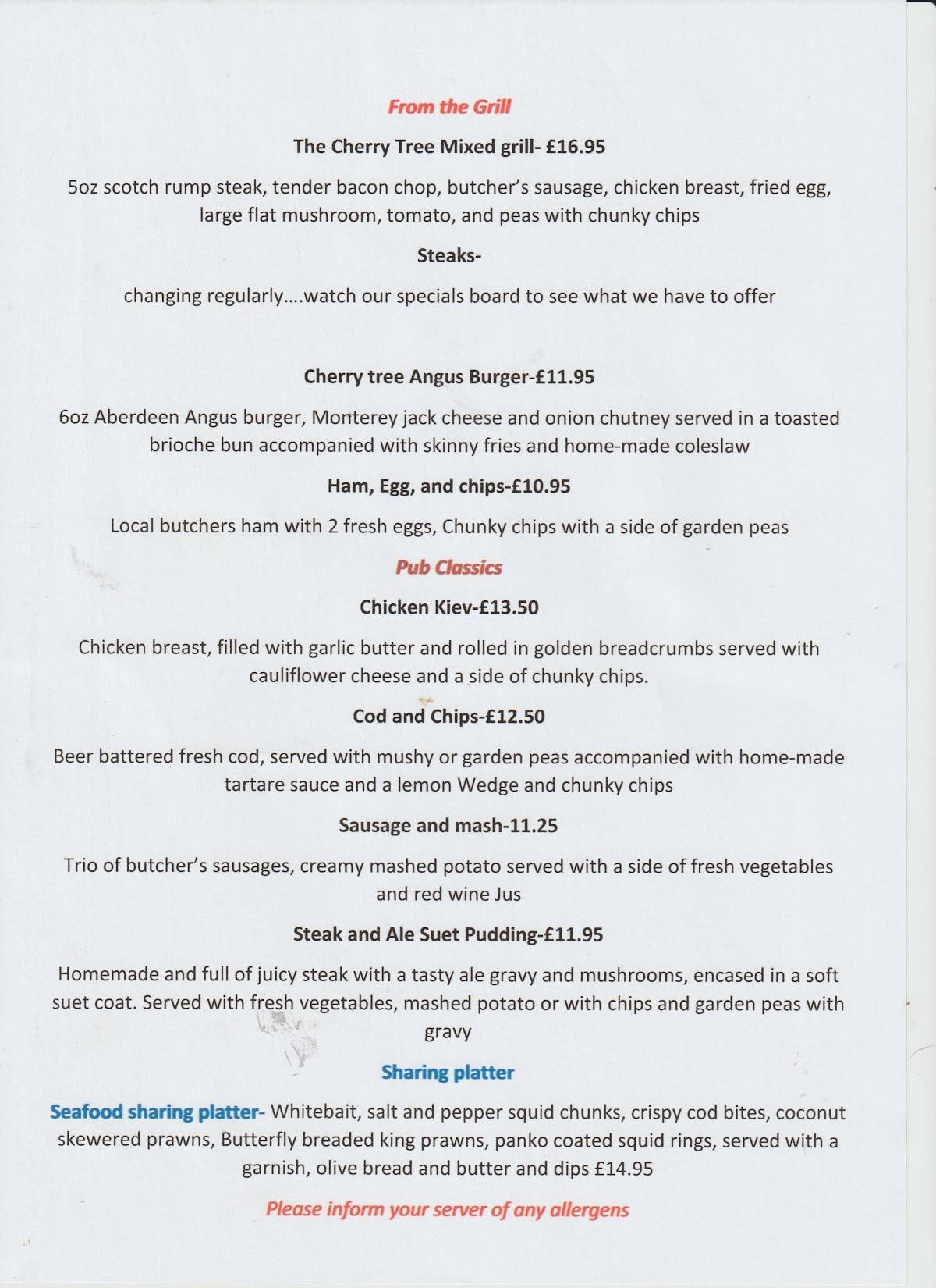 Menu at Ye Olde Cherry Tree, little oakley pub & bar, Harwich