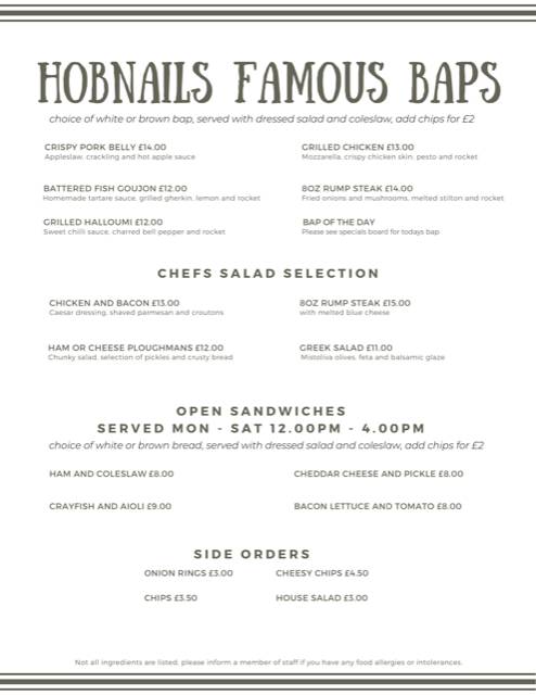 Menu at Ye Olde Hobnails Inn pub & bar, Little Washbourne