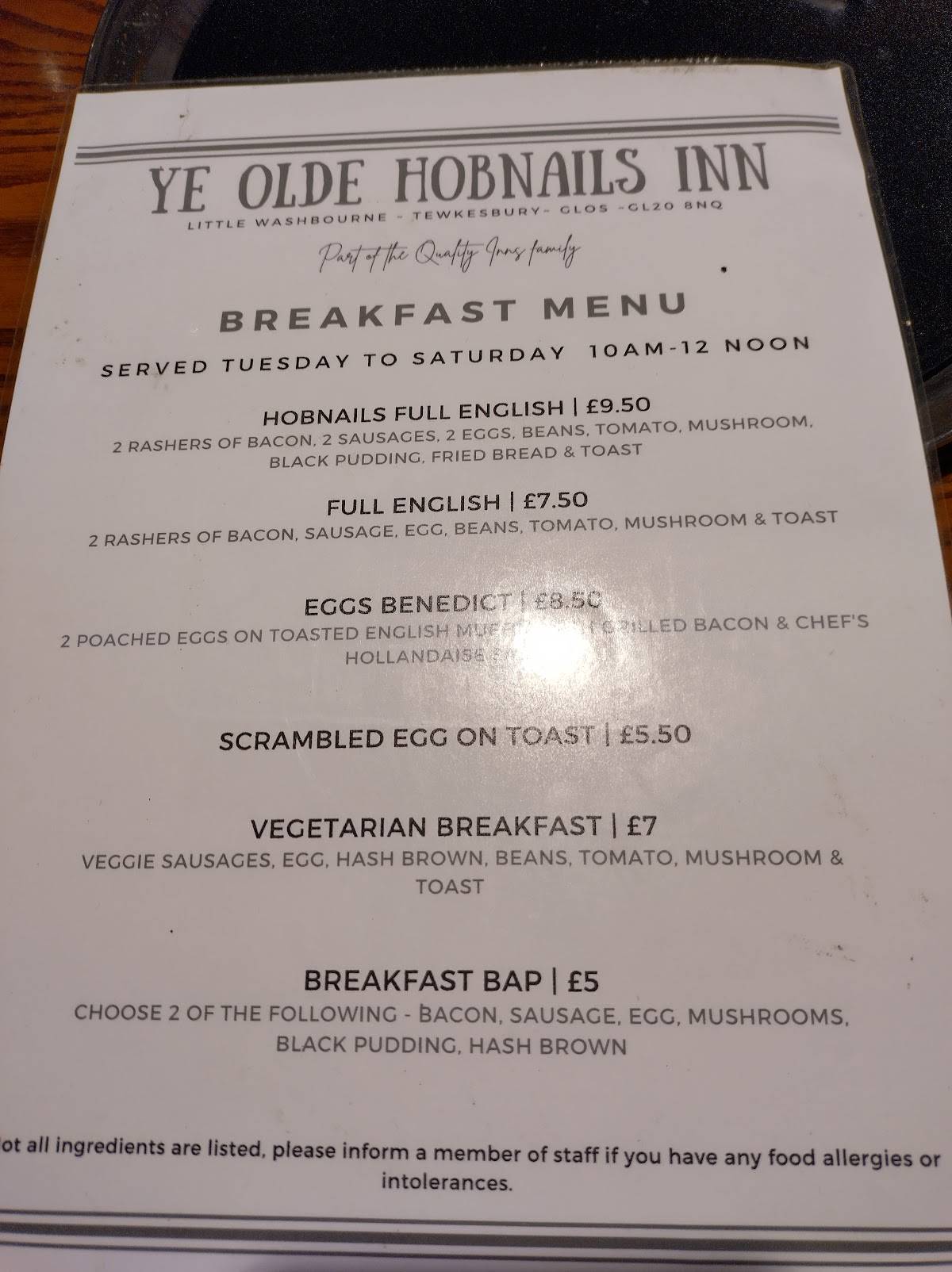 Menu at Ye Olde Hobnails Inn pub & bar, Little Washbourne