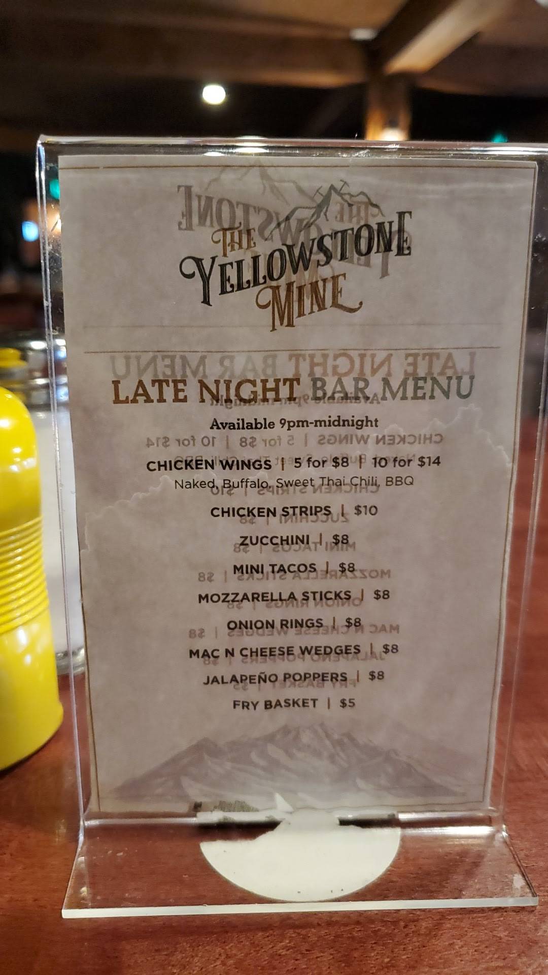 Menu at Yellowstone Mine restaurant, Gardiner
