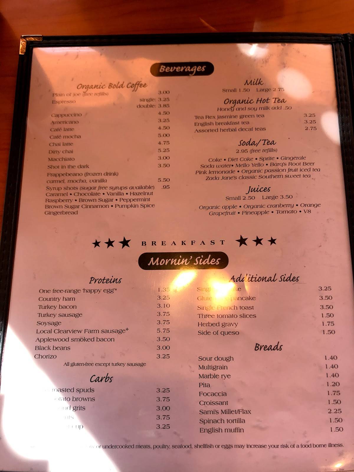 Menu at Zada Jane's Corner Cafe, Charlotte