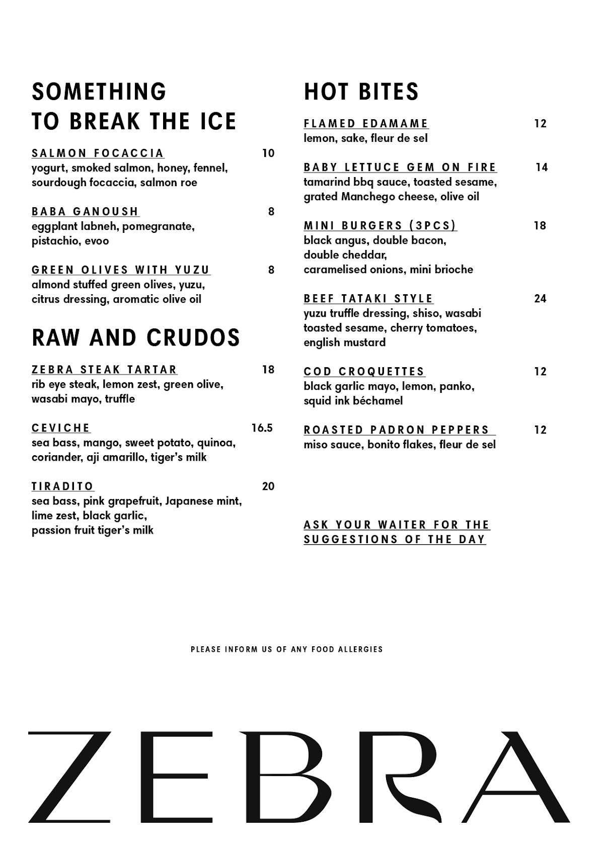 Menu at Zebra Bar, Neo Psychiko