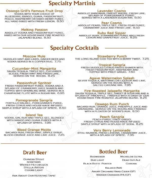 Menu at Oswego Grill- Lake Oswego pub & bar, Lake Oswego