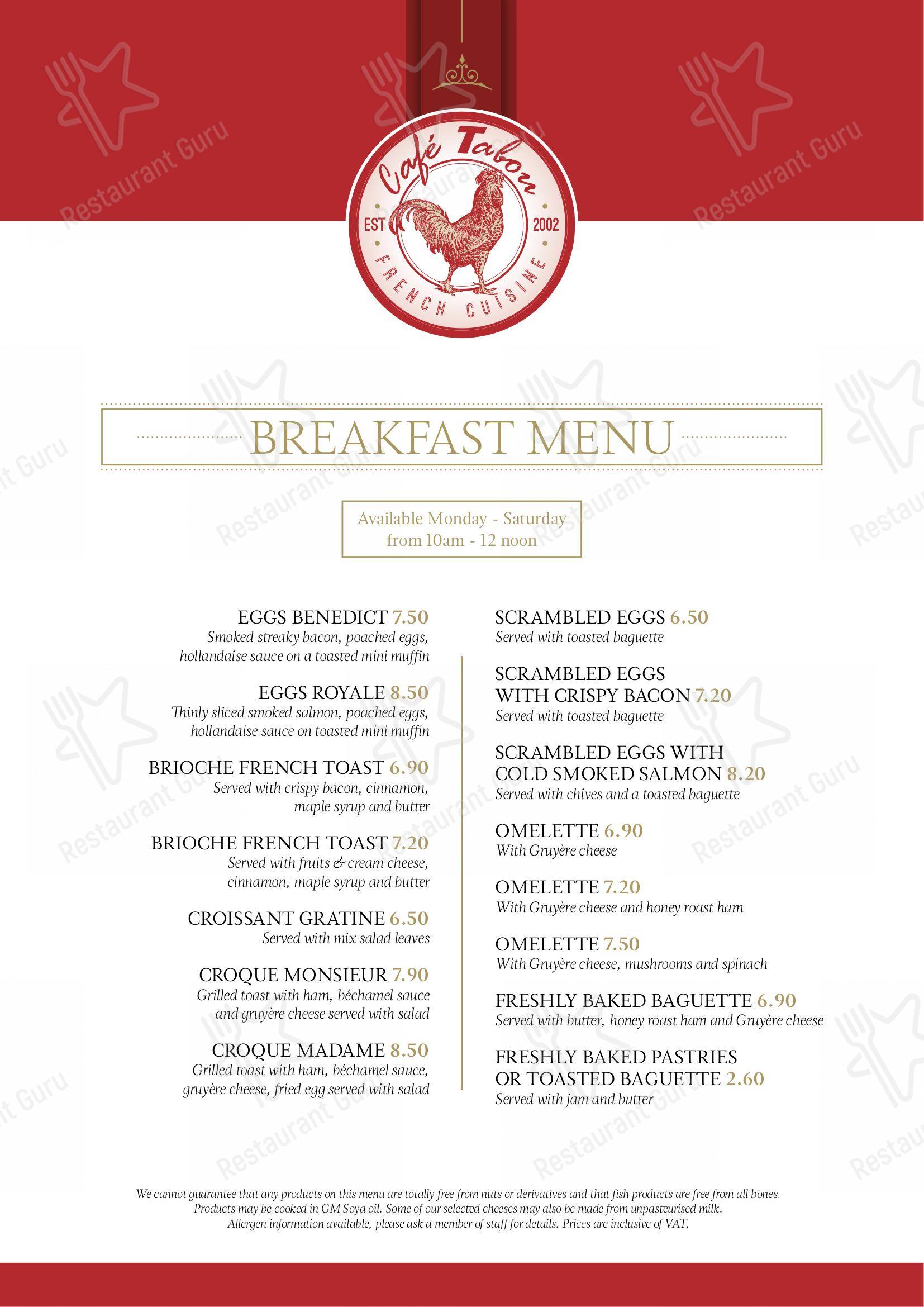 Menu at Cafe Tabou, Perth