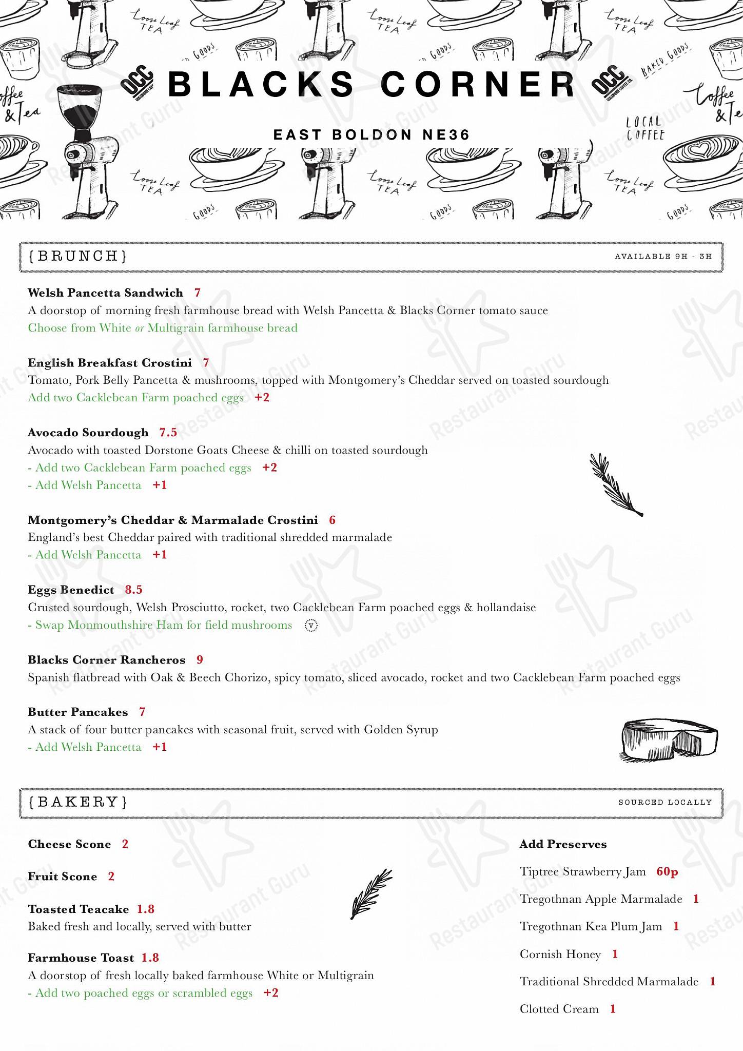 Menu at Blacks Corner restaurant, East Boldon