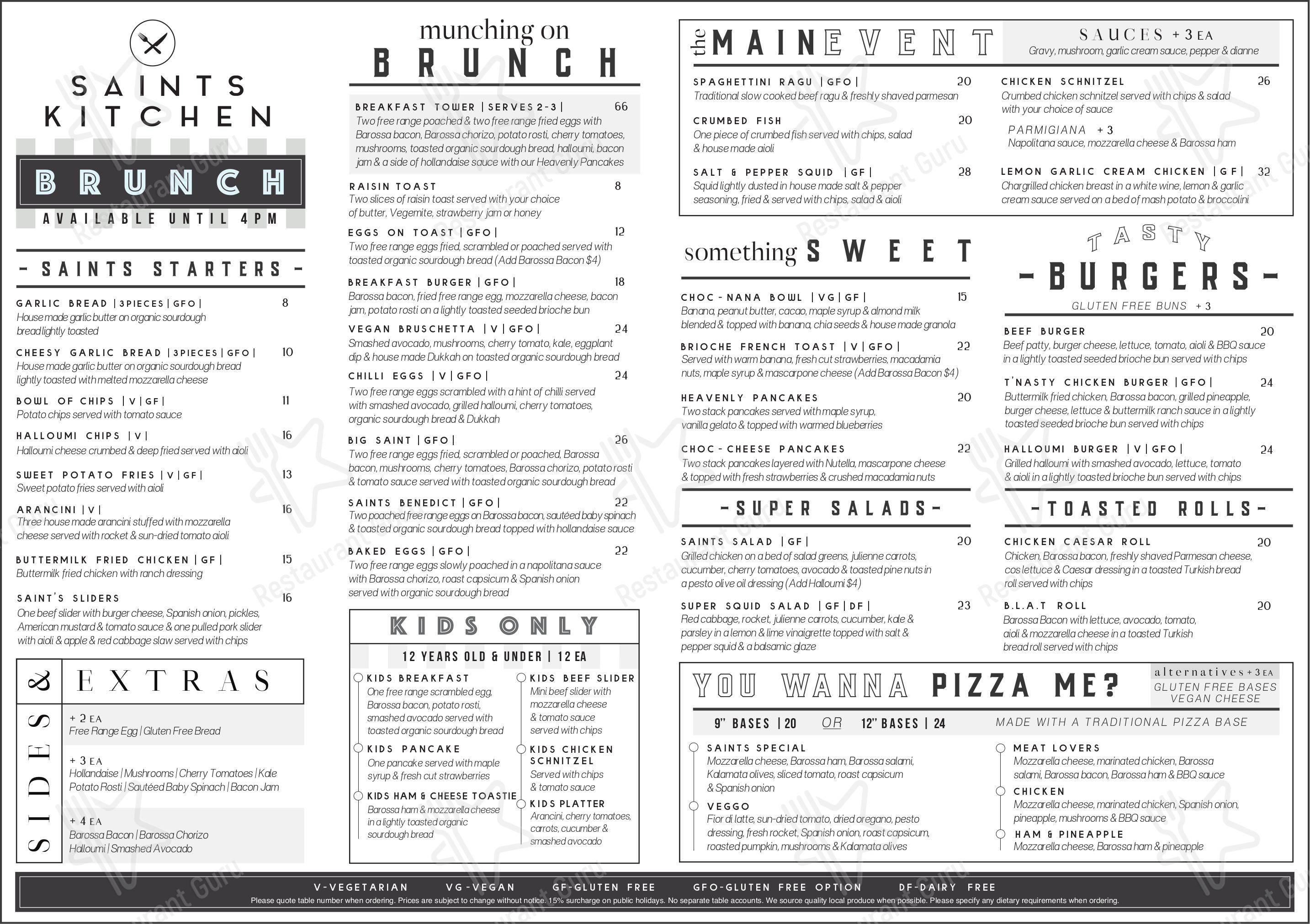 Menu at Saints Kitchen restaurant, Salisbury Park