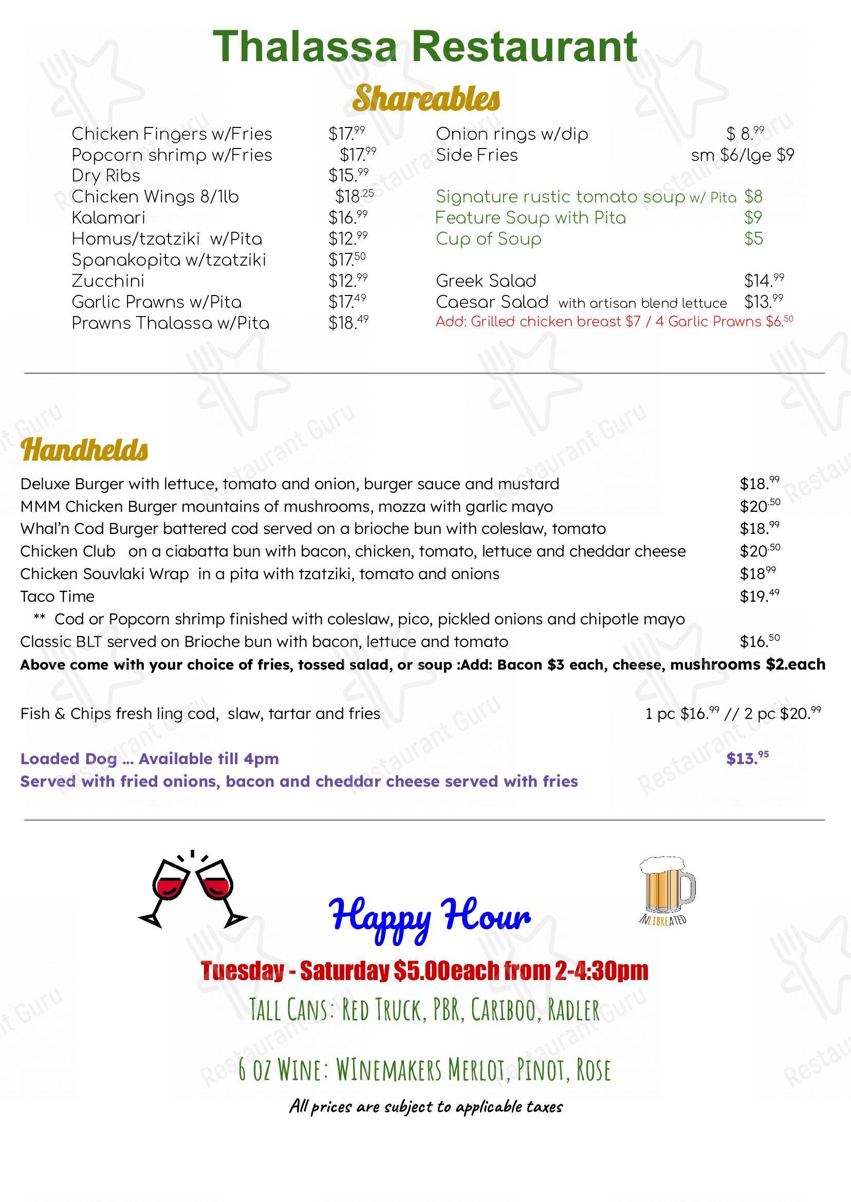 Menu at Thalassa Restaurant, Qualicum Beach