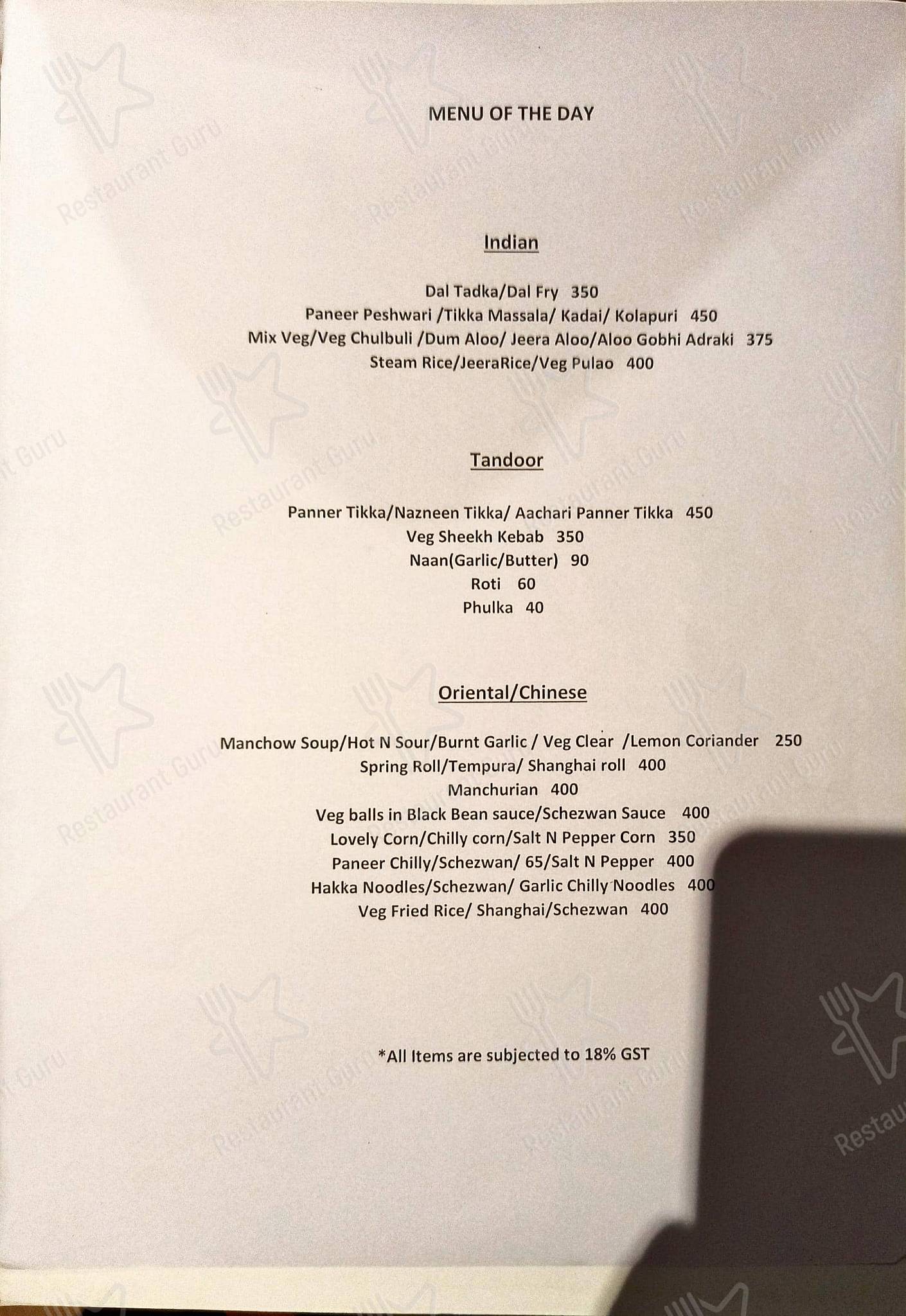 Menu at Hukam's Lalit Mahal, Raipur