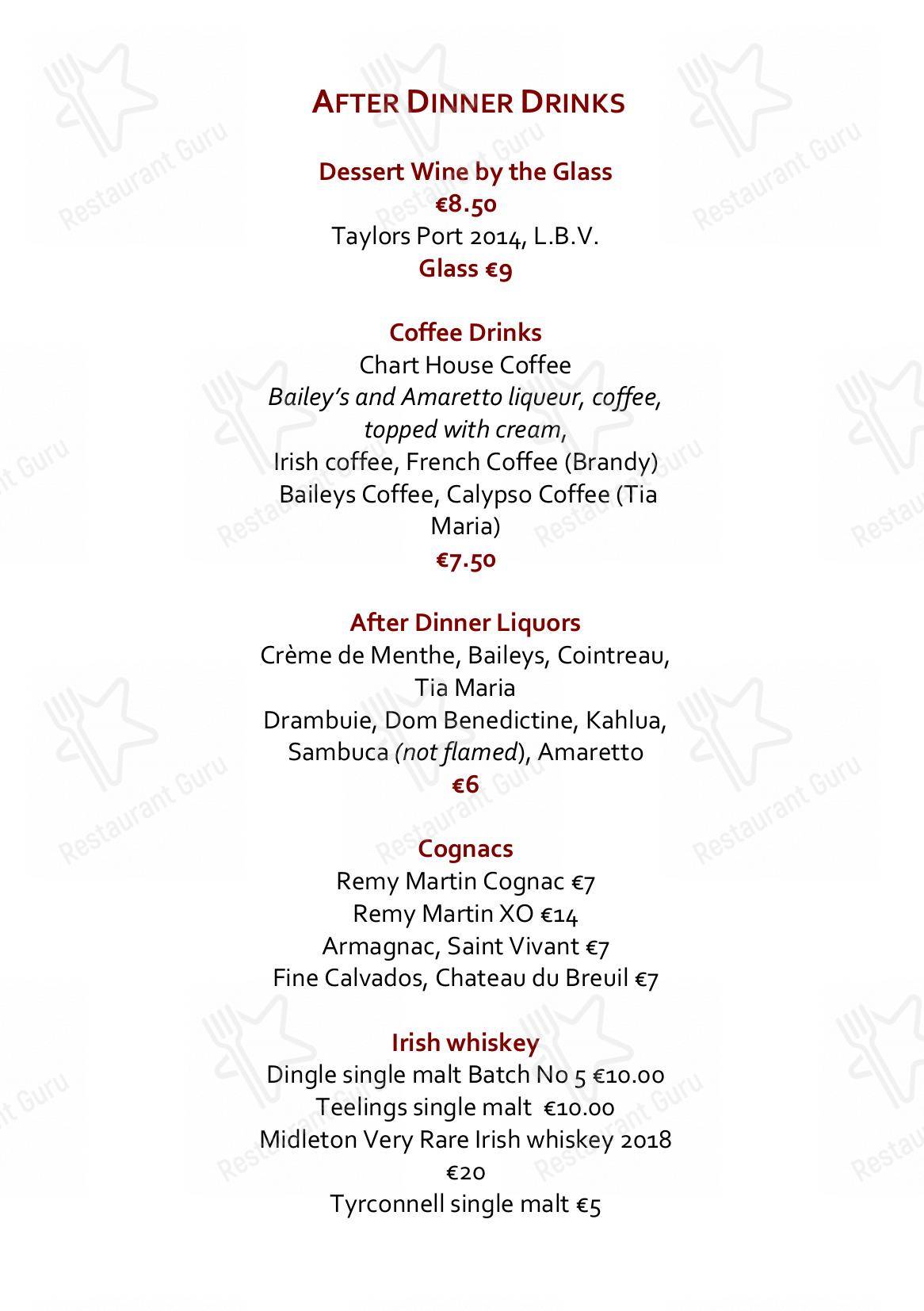Menu at The Chart House restaurant, Dingle