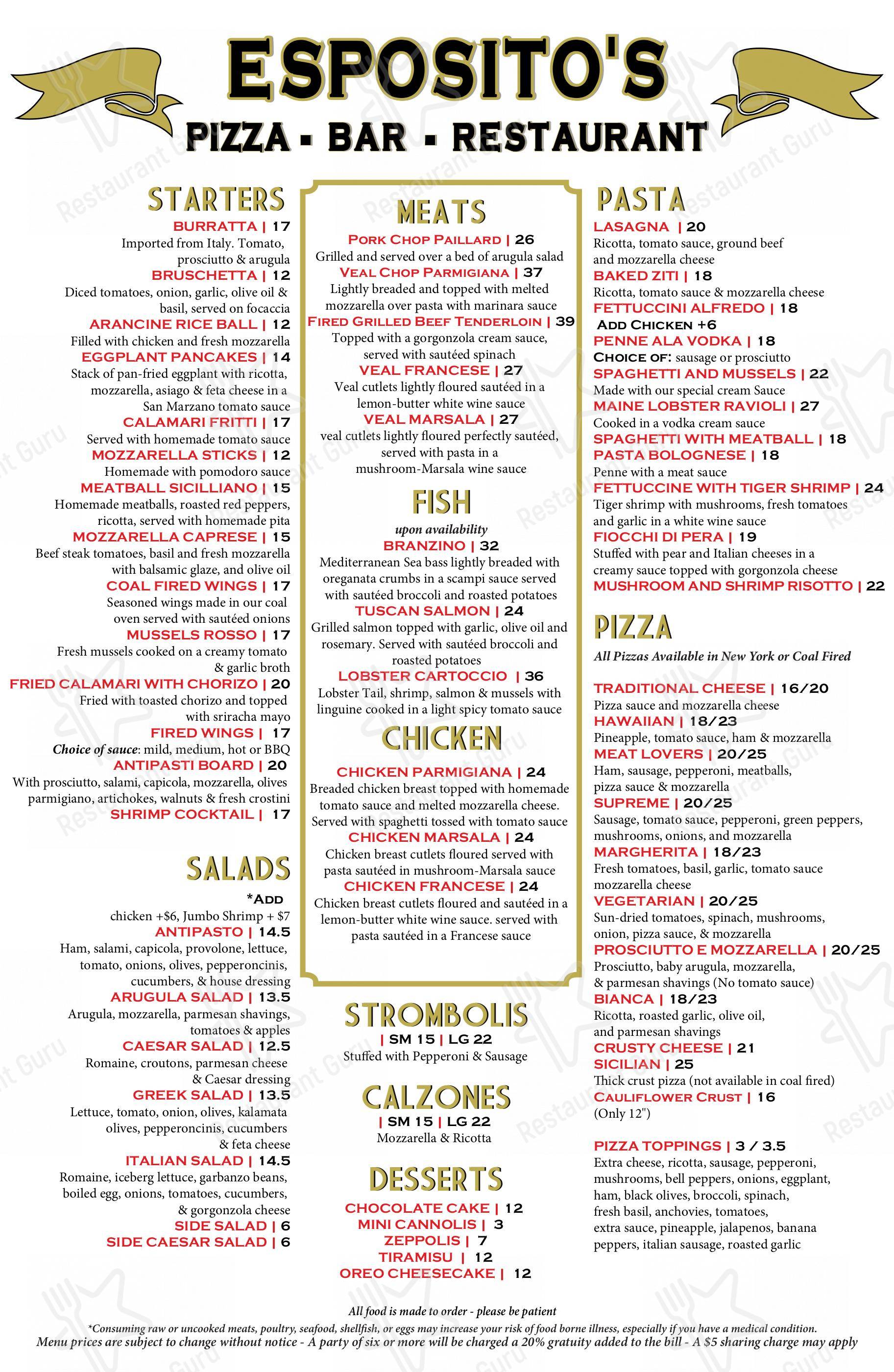 Menu at Esposito's Pizza Bar Restaurant, Davie