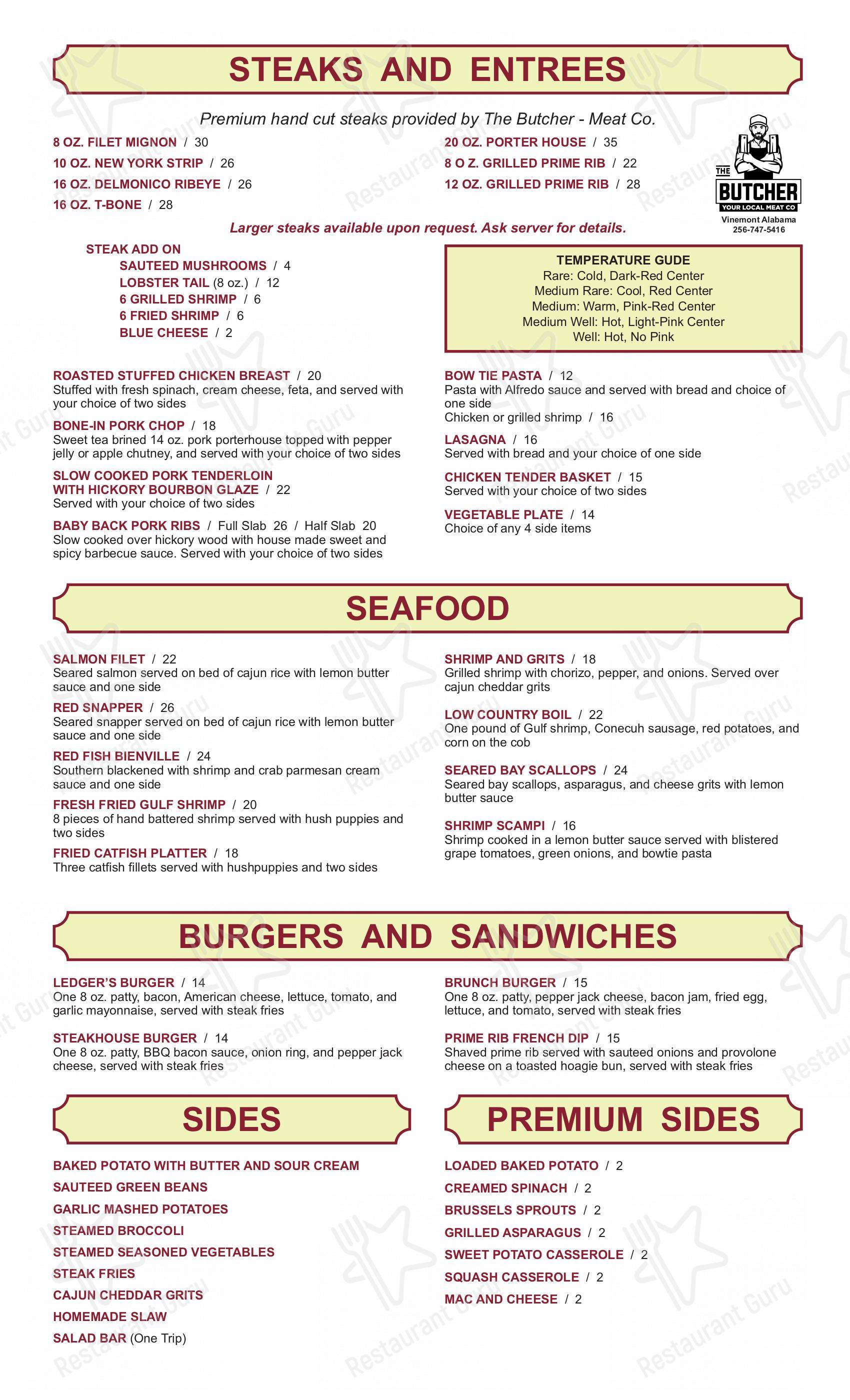 Menu at Ledger's Steakhouse and Grille, Cullman