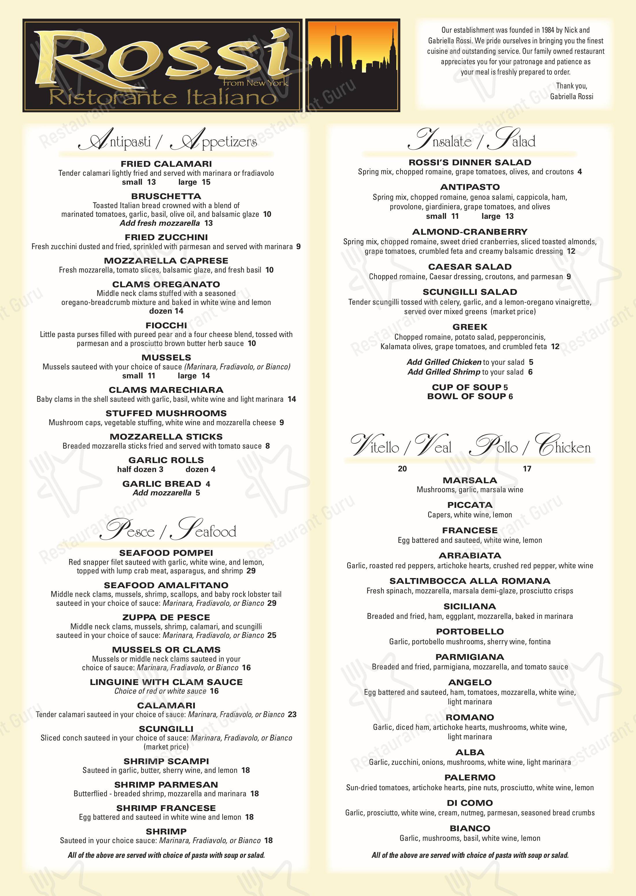 Menu at Rossi Ristorante Italiano pizzeria, New Port Richey
