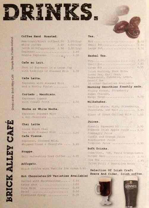 Menu at Brick Alley Café cafe, Dublin