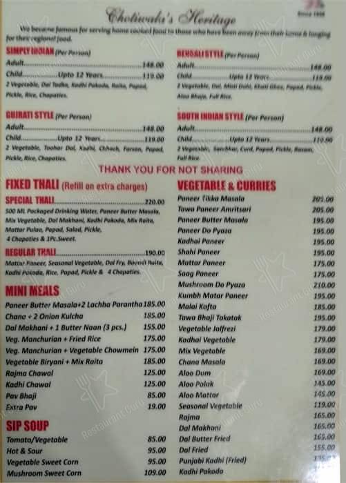 Menu at Chotiwala, Rishikesh, Swarg Ashram
