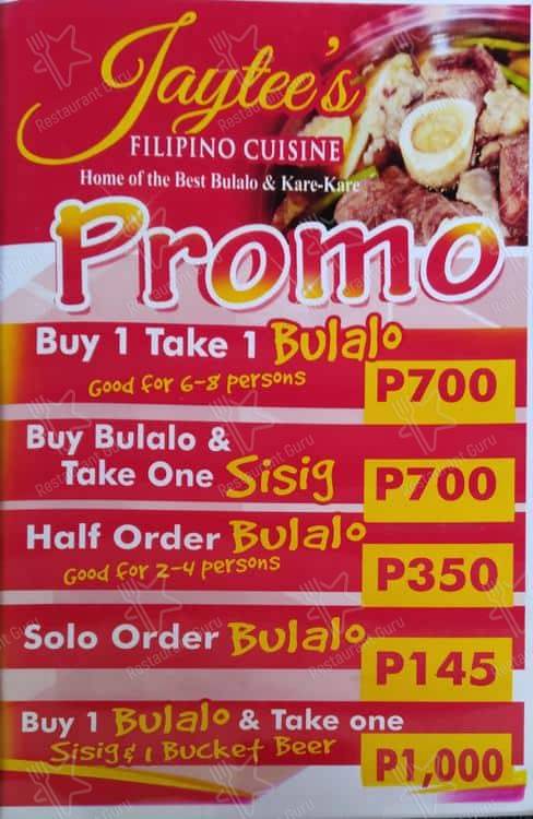 Menu at Jaytee's Classic Filipino Cuisine restaurant, Tagaytay, 4W2X+H5H